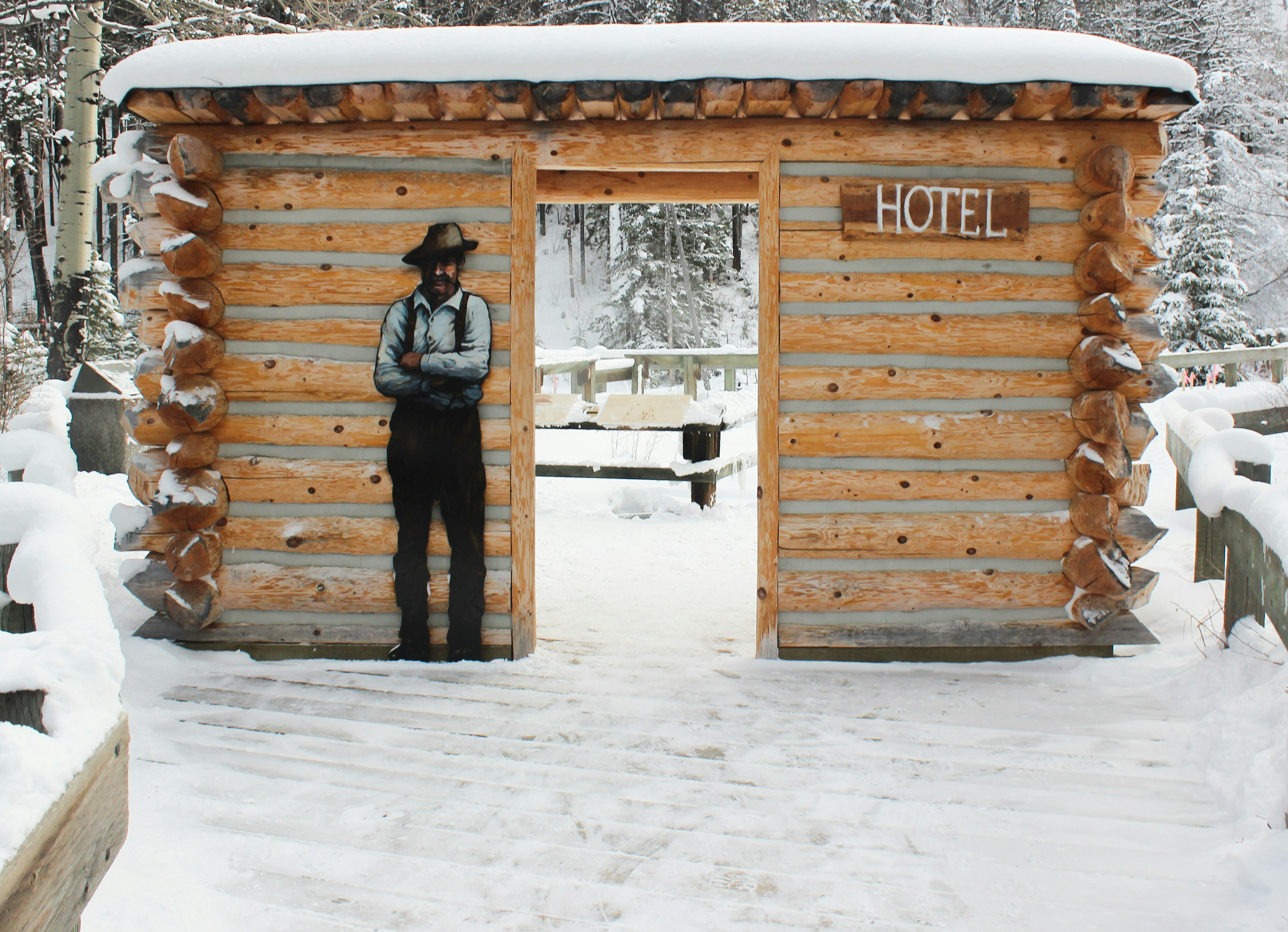 Lodge Entrance in a Snowbound Clearing with a Lone Guest