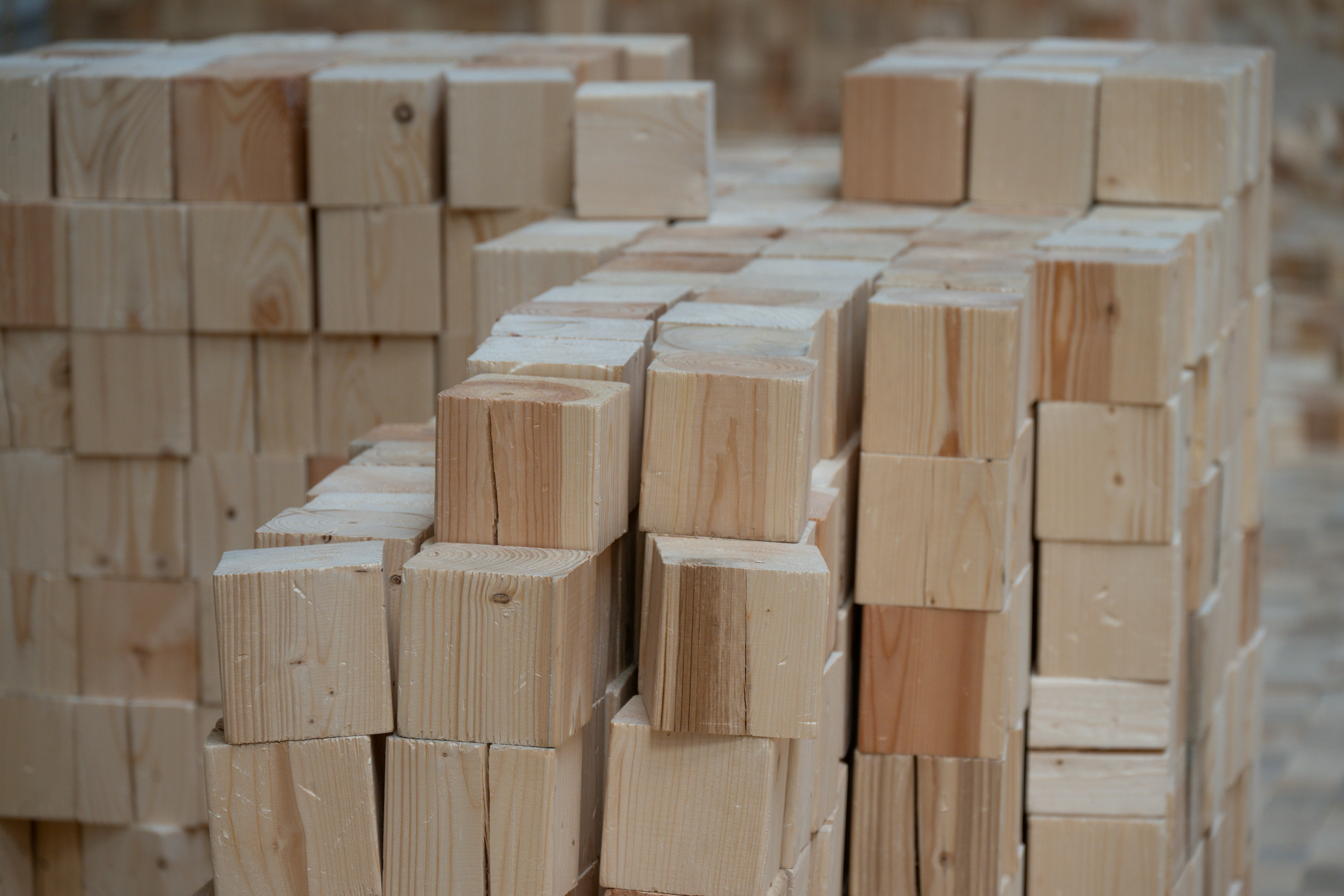 Stacked Lumber Cathedral: Geometric Blocks of Natural Wood