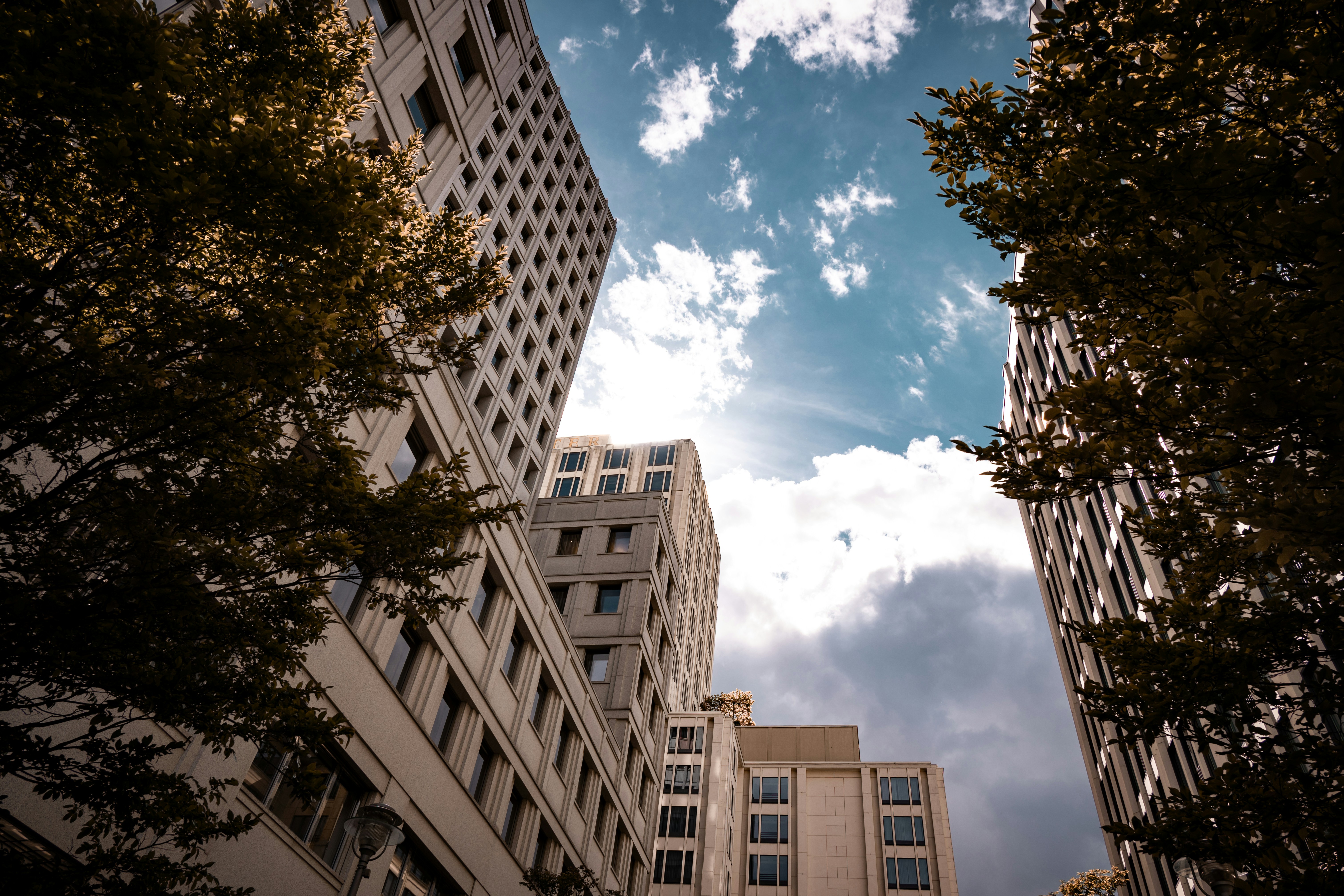 Urban Skyward: Concrete Canyon Beneath a Serene Sky