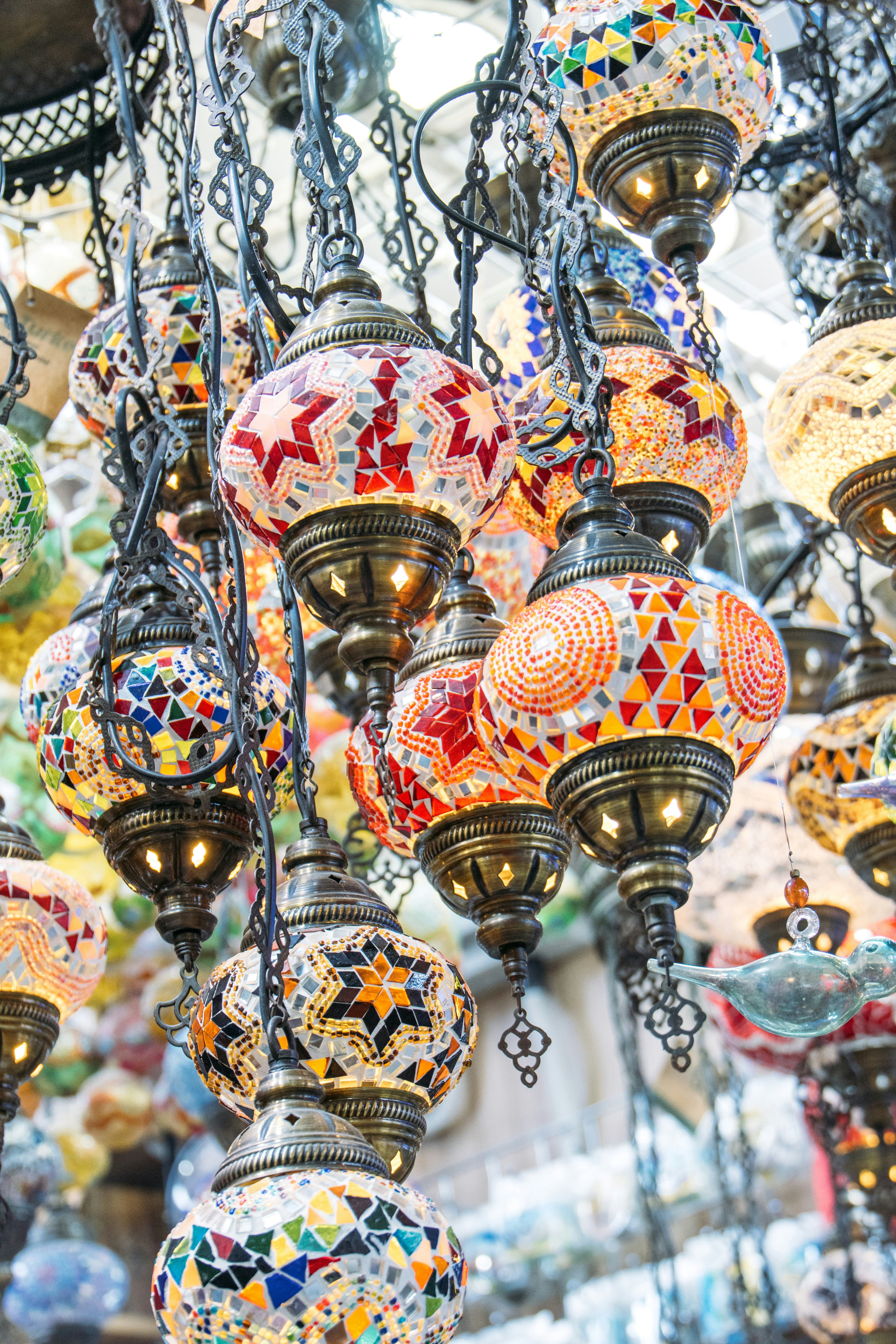 Vibrant Mosaic Orbs: A Tangle of Turkish Lanterns in a Market Stall
