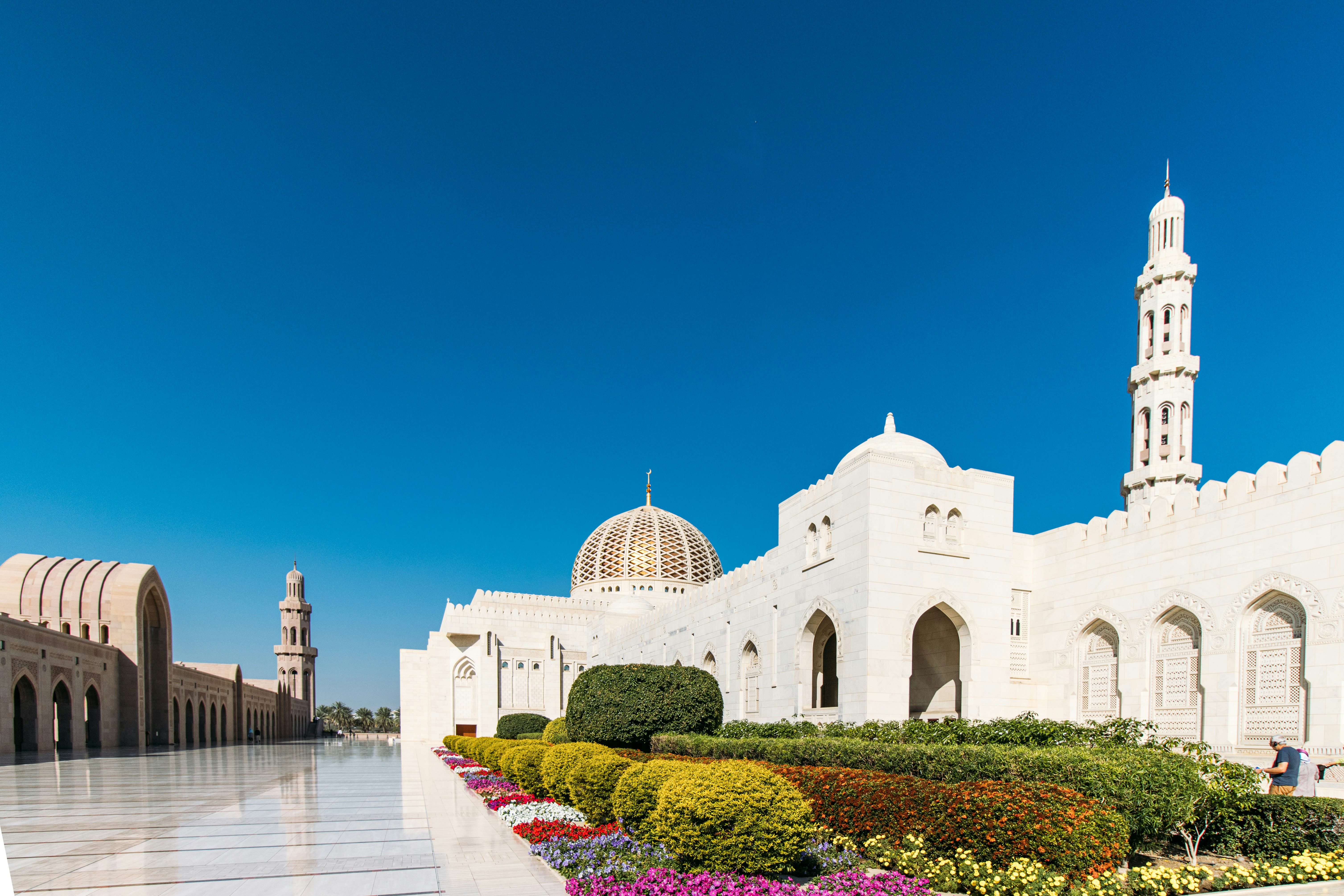 White Marble Courtyard Under a Bright Cerulean Sky