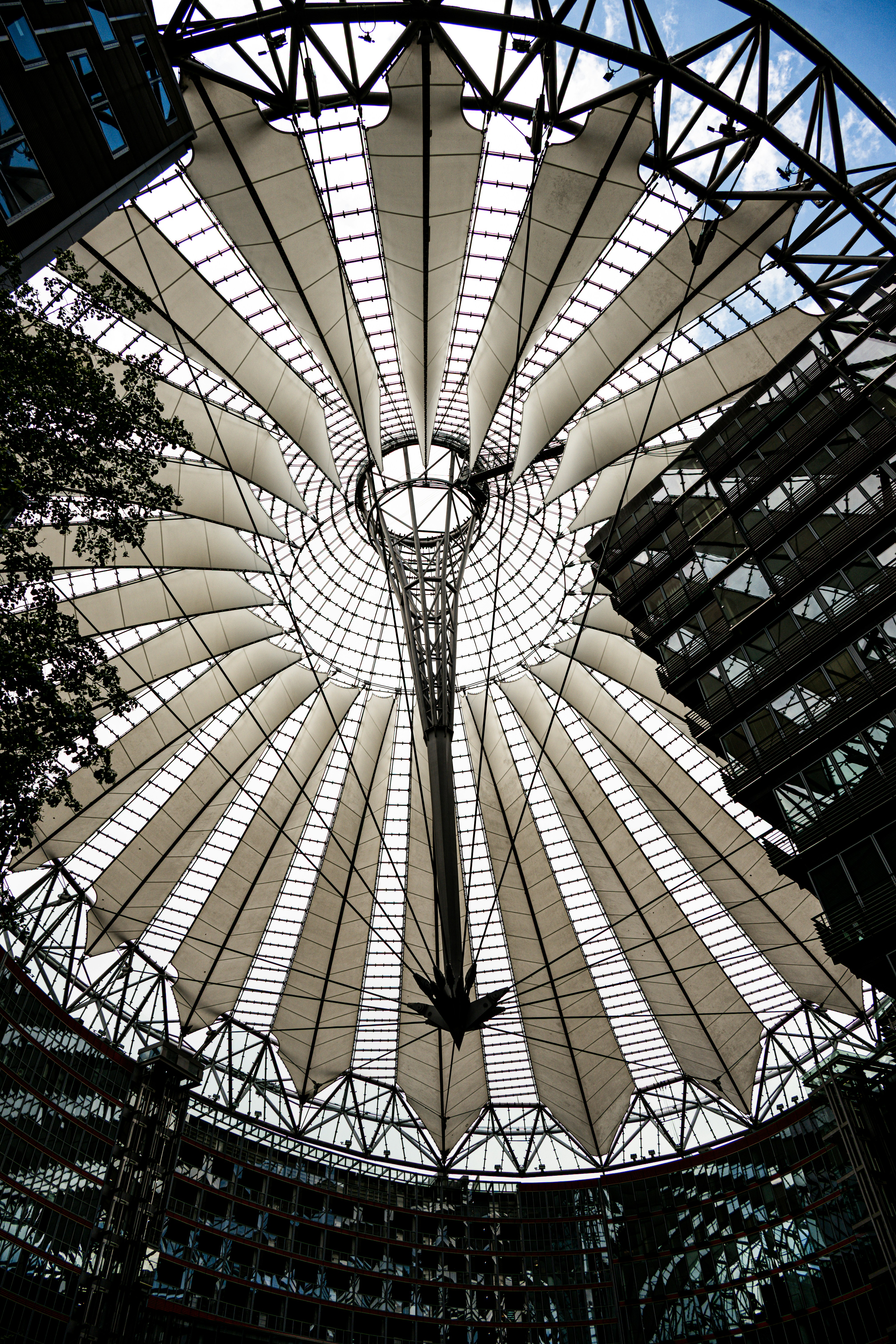 Symmetrical Canopy: A Geometric Starburst Above Glass and Steel