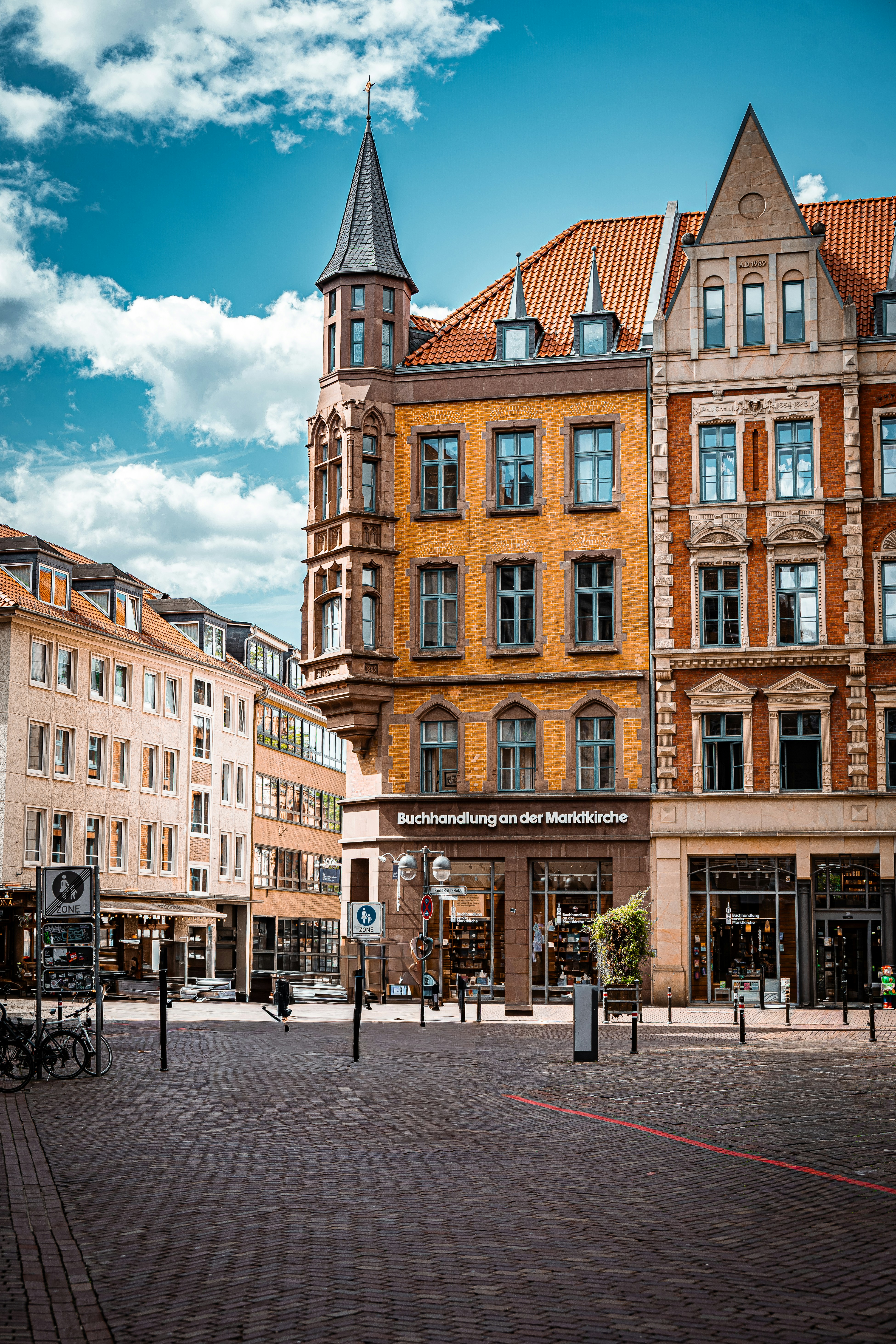 Brick Facade Central: A Sunlit European Street Terrace