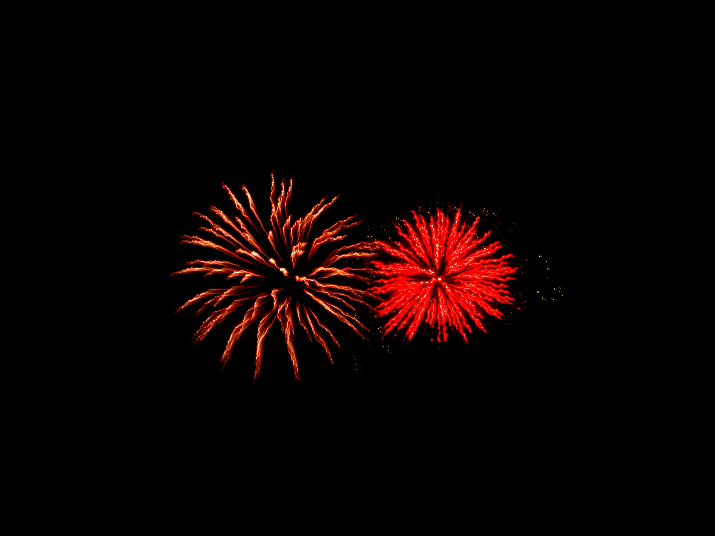Two vibrant fireworks blooms illuminate a dark sky, with orange and red petals forming near-identical rounds. The composition centers on the bursts, suggesting a celebration or display from a distant vantage point.