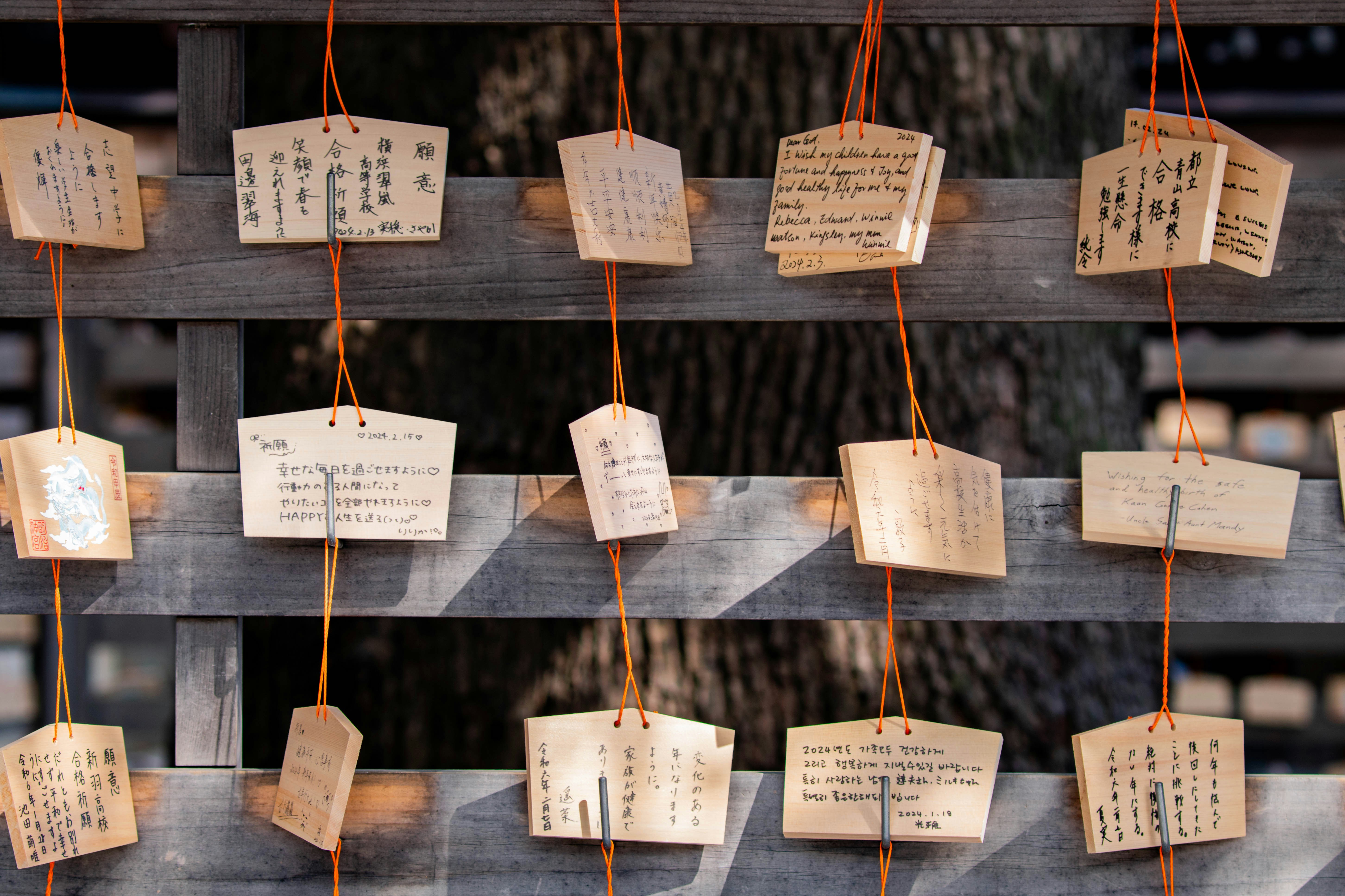 Tethered prayers: wooden ema tags sway along a lacquered railing