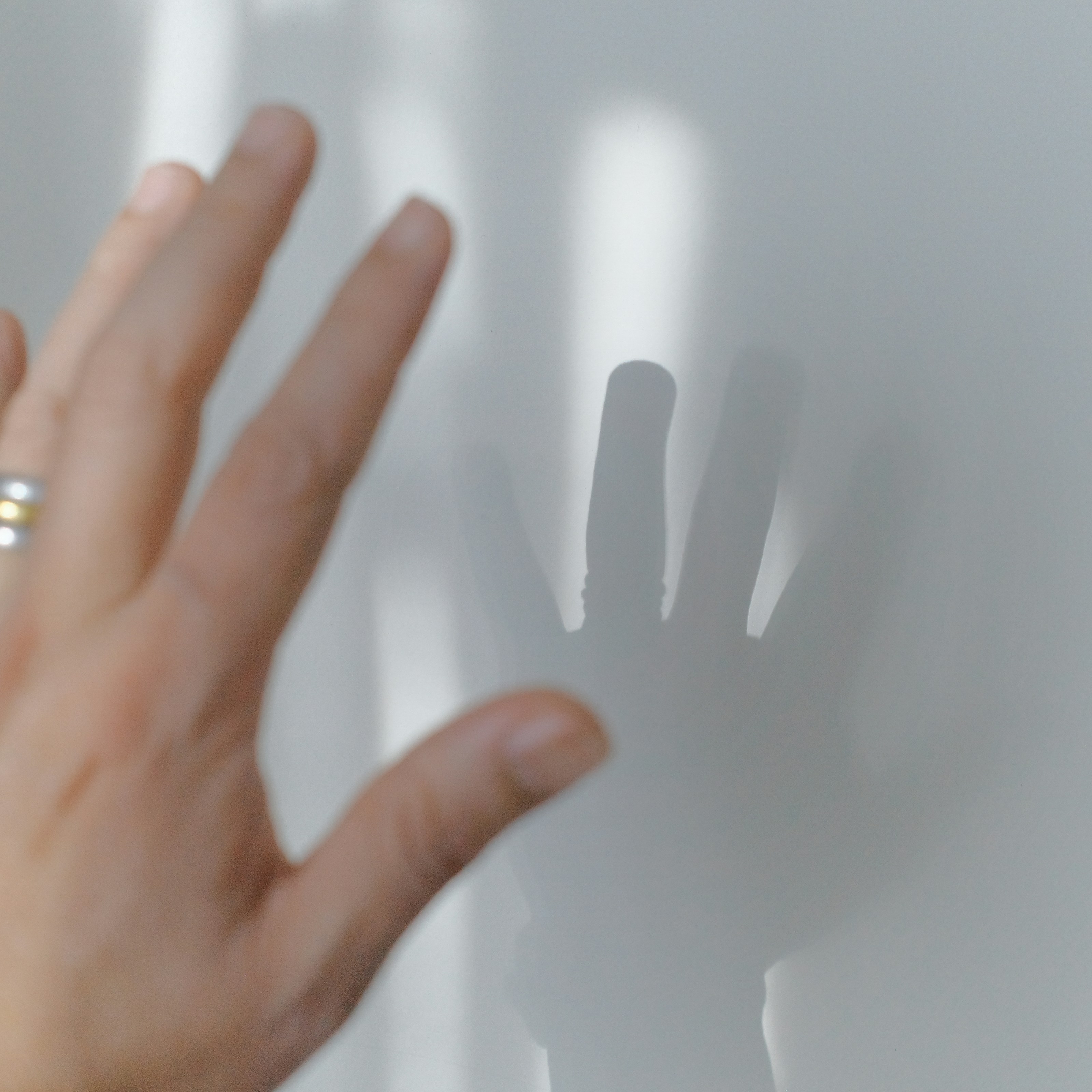 Shadowed Handprint on a Misty Glass Surface