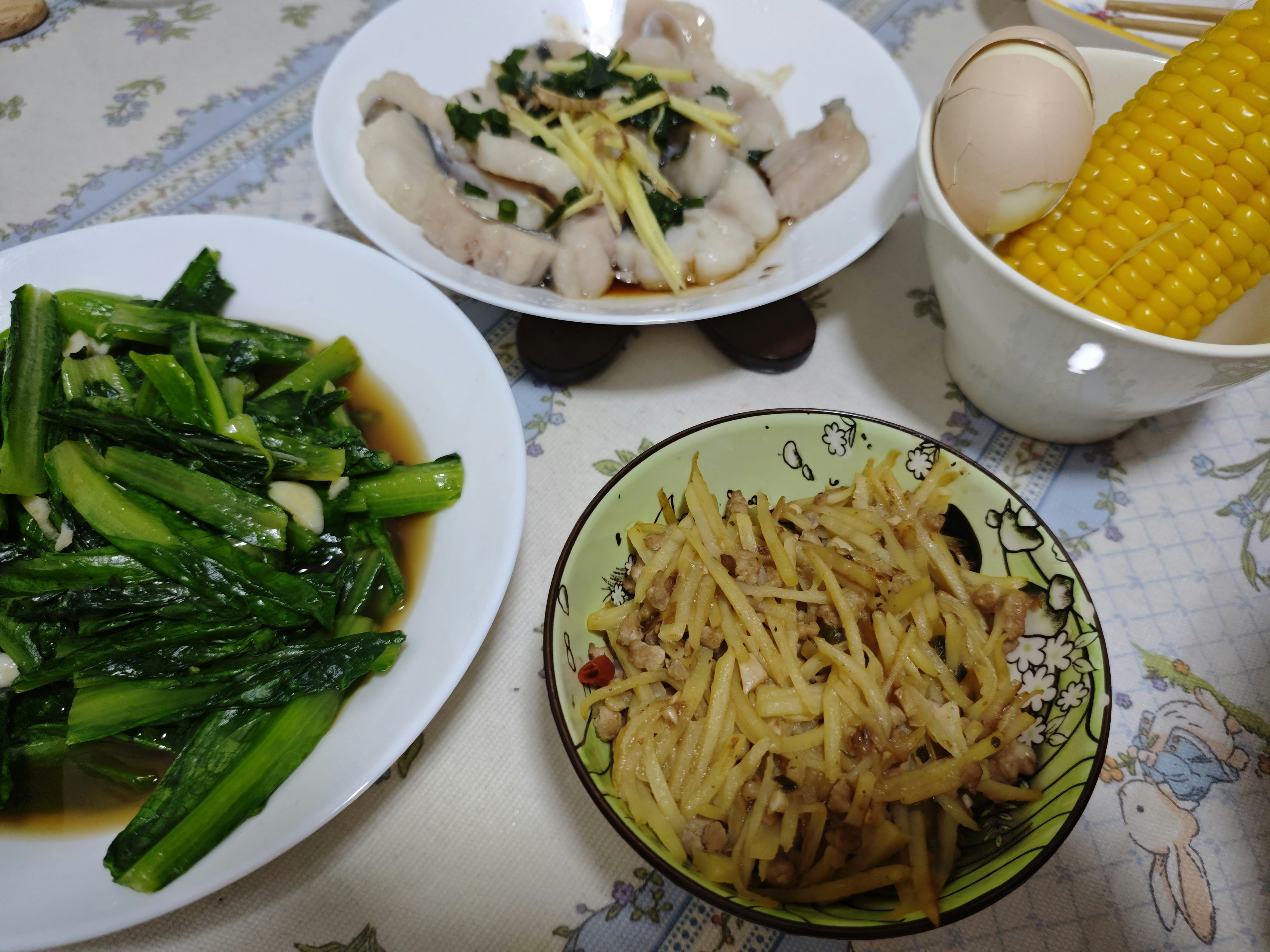 Bowl Quartet: Stir-Fried Greens, Ginger-Taced Chicken, and Crispy Potatoes