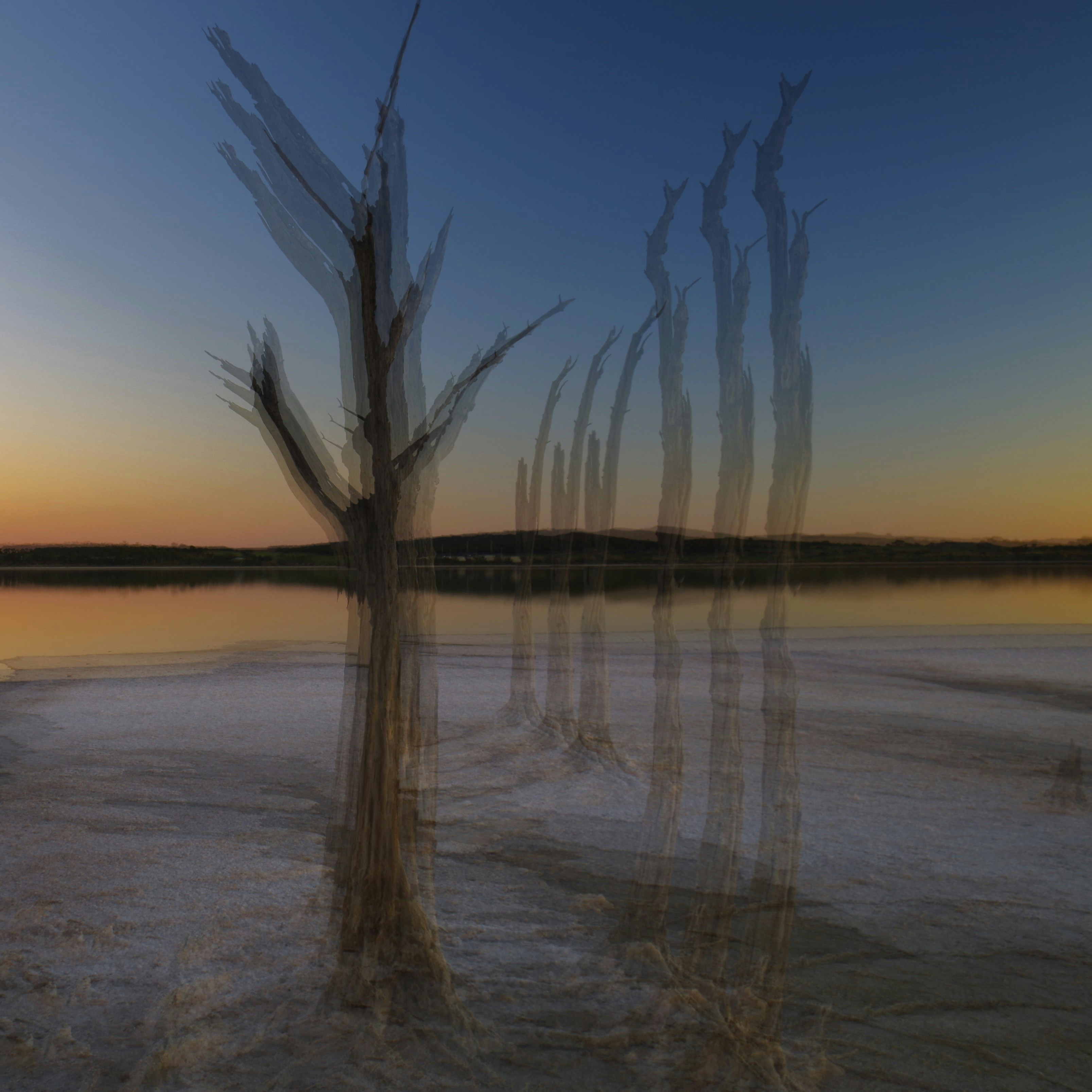 A multi exposure image taken on the shores of a salt lake at dawn.