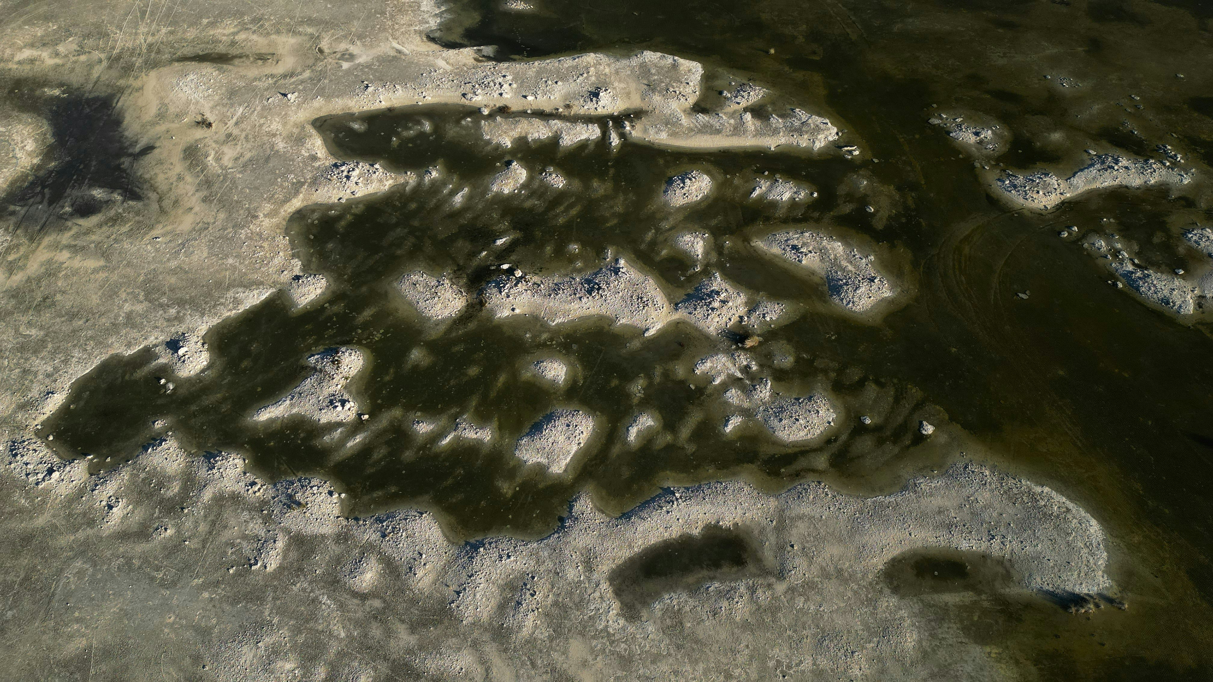 Rugged shorelines in shallow tidal pools under soft light