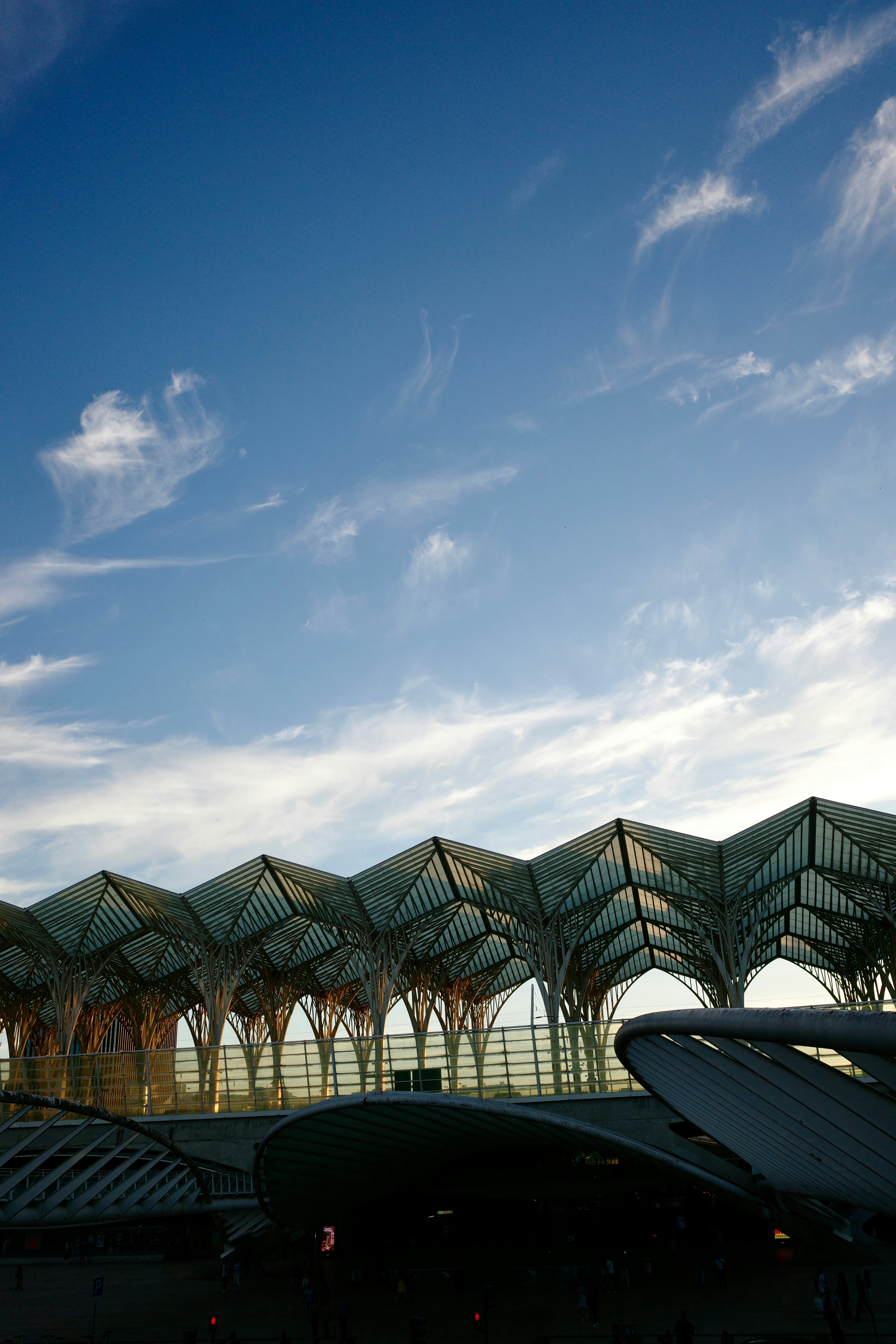 Diagonal blue sky above a row of geometric roof structures; foreground features dark, curved architectural elements. The image highlights the modern canopy design and the expansive open space beneath.