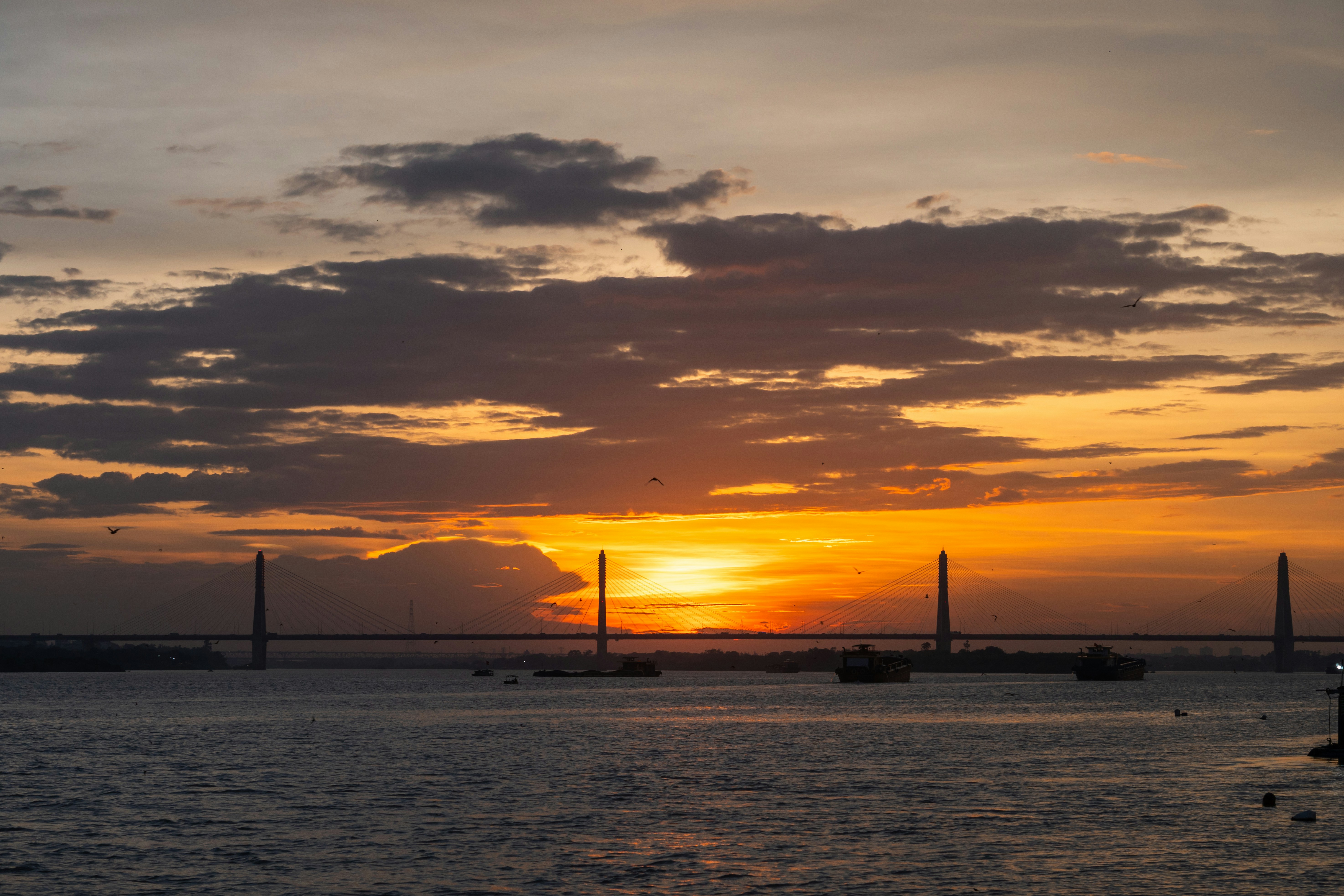 Golden Horizon Over the Harbor: Sunset Bridges and Silhouettes