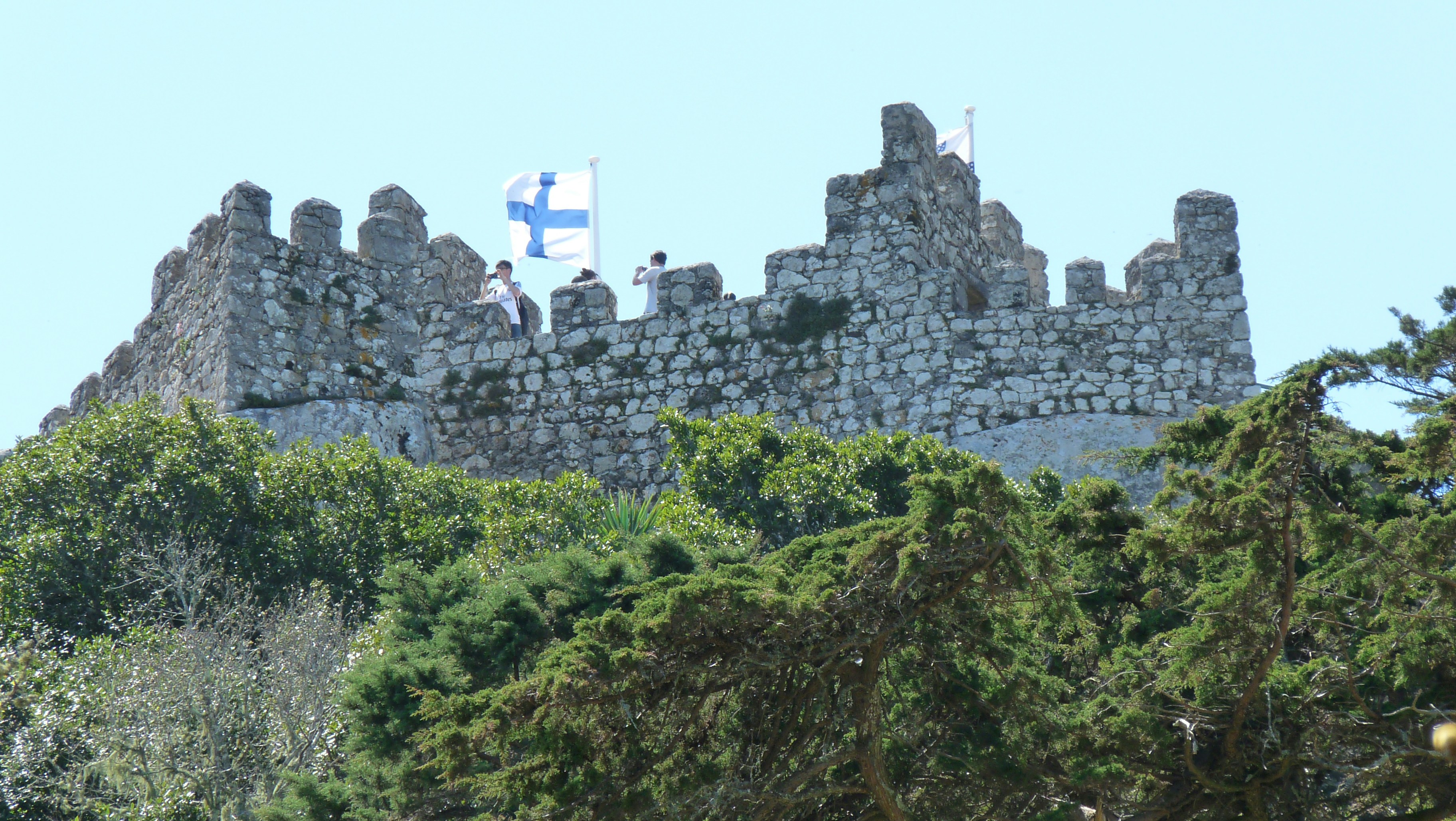 Flag atop ancient walls: a sunlit fortress framed by pines