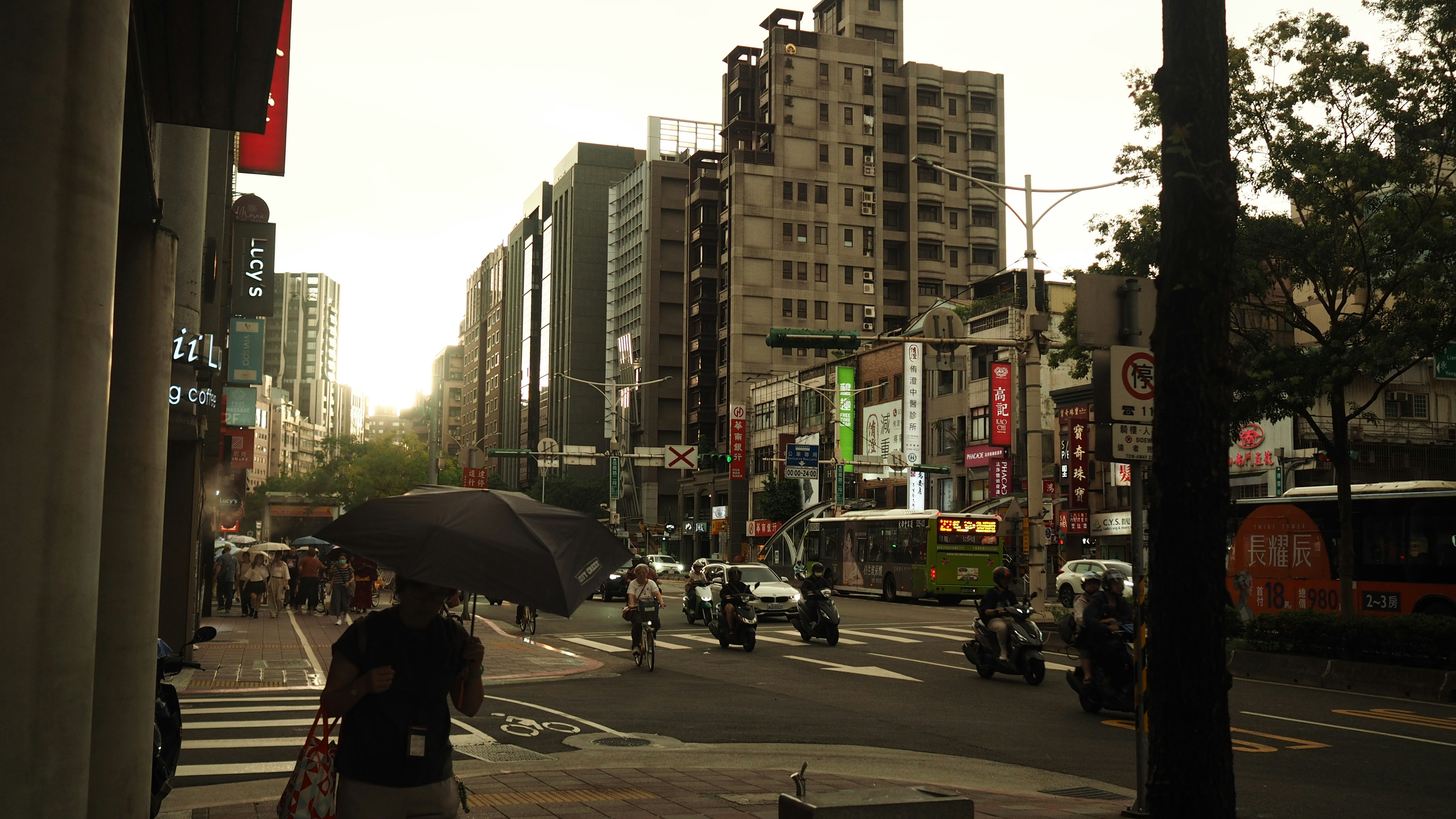 Urban Crosswalk at Twilight: A Quiet Moment Beneath the Umbrella