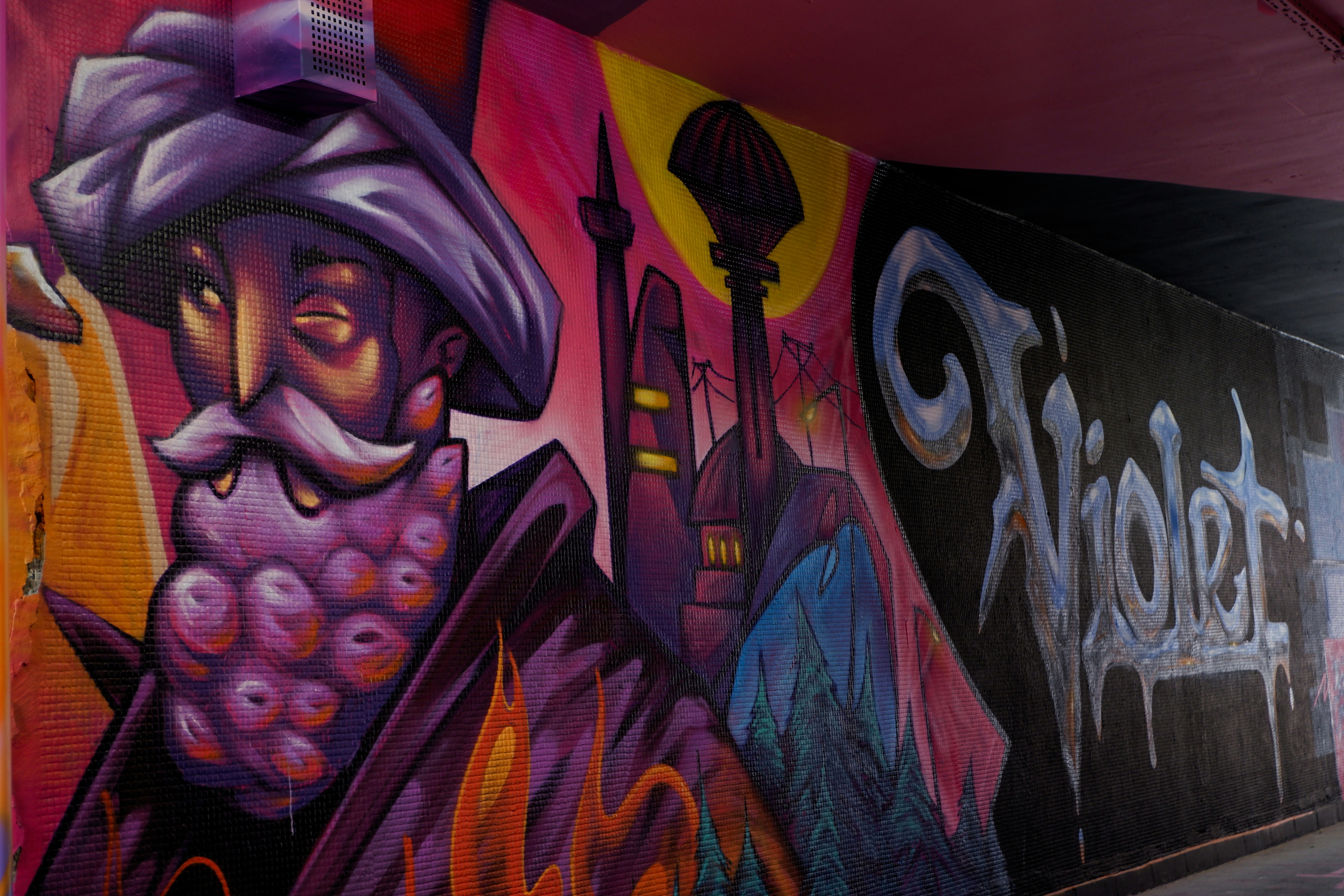 Chromatic Sage: A Whimsical Graffiti Portrait Under Urban Light
