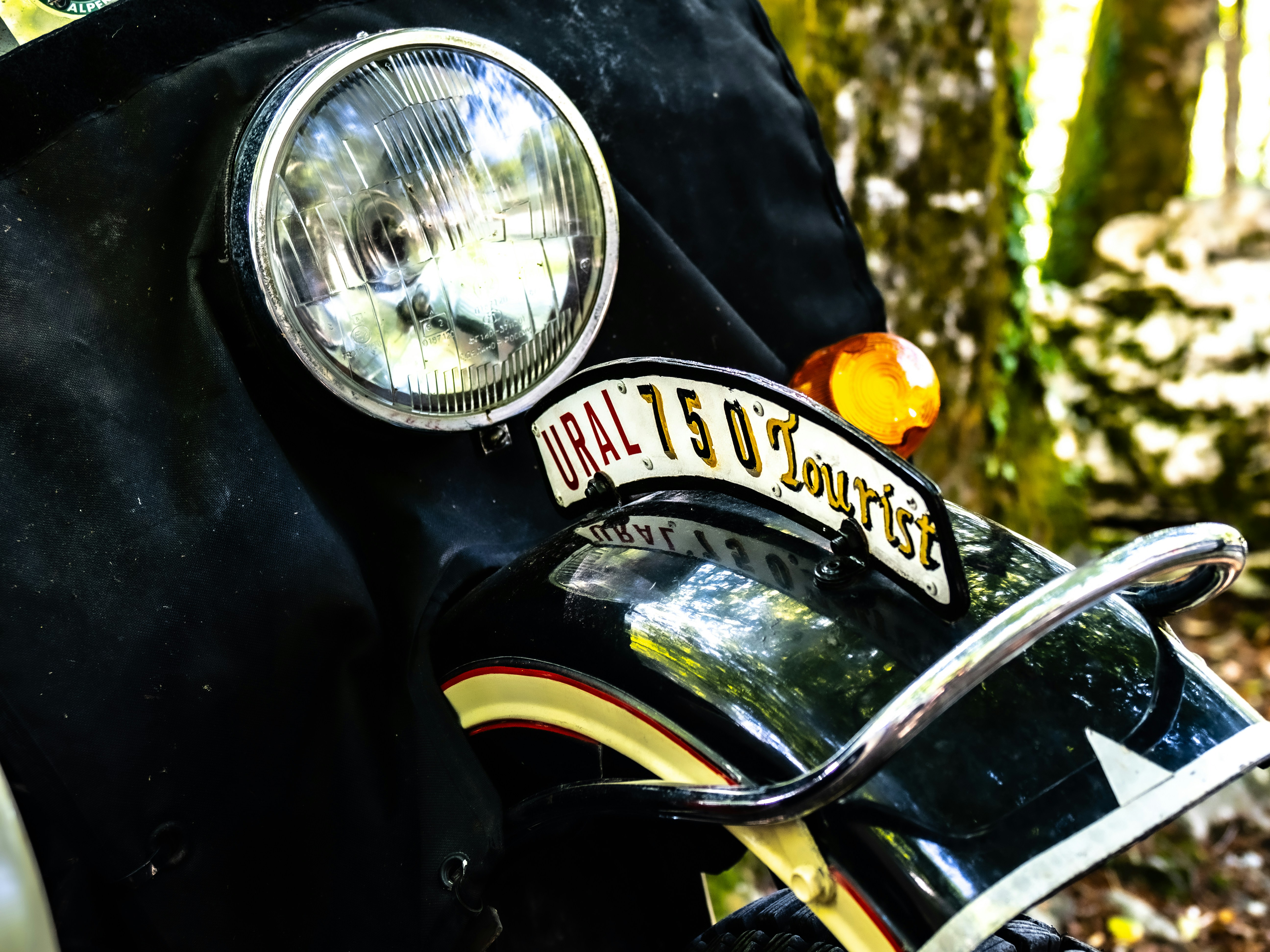 Close-up of a vintage motorcycle headlamp and chrome emblem