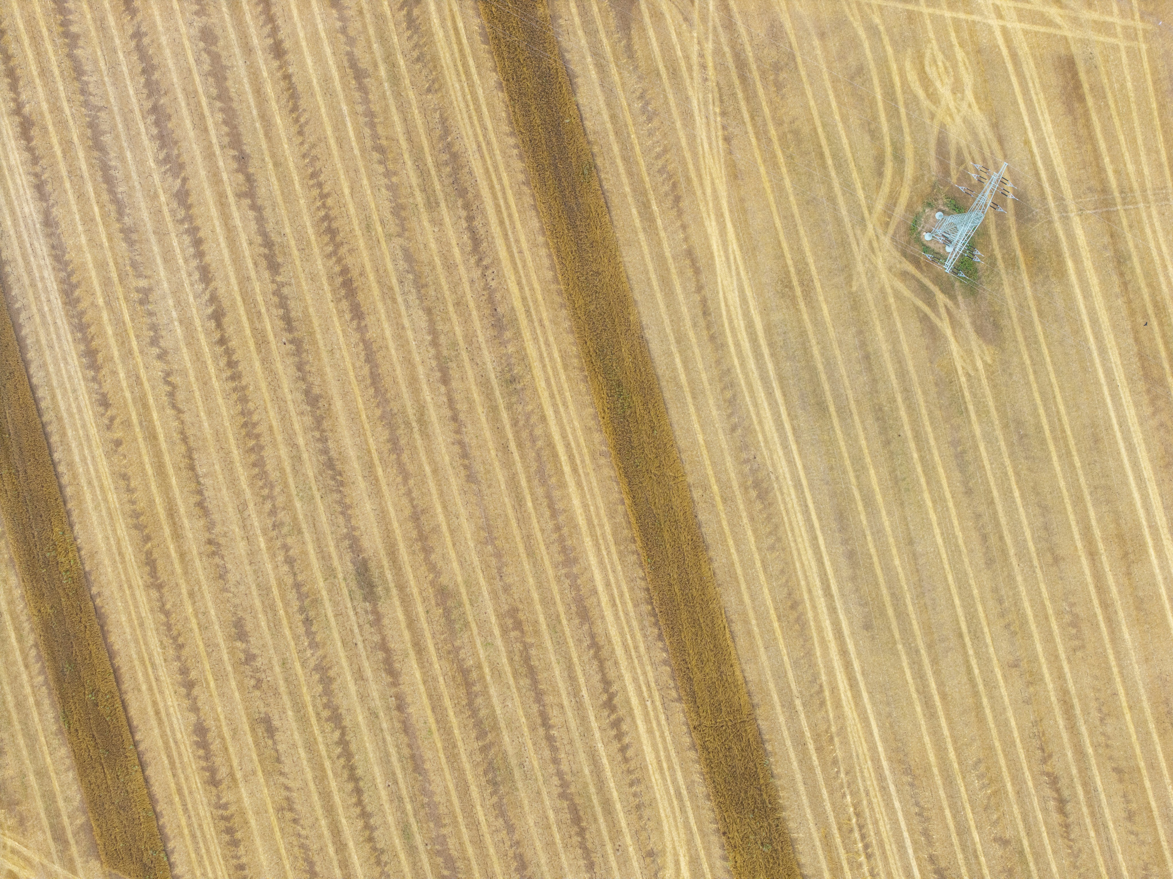A drone shot of diagonal crop fields with a lone harvester in the upper-right, emphasizing parallel furrows and texture. This is a landscape capture, not a logo or illustration.