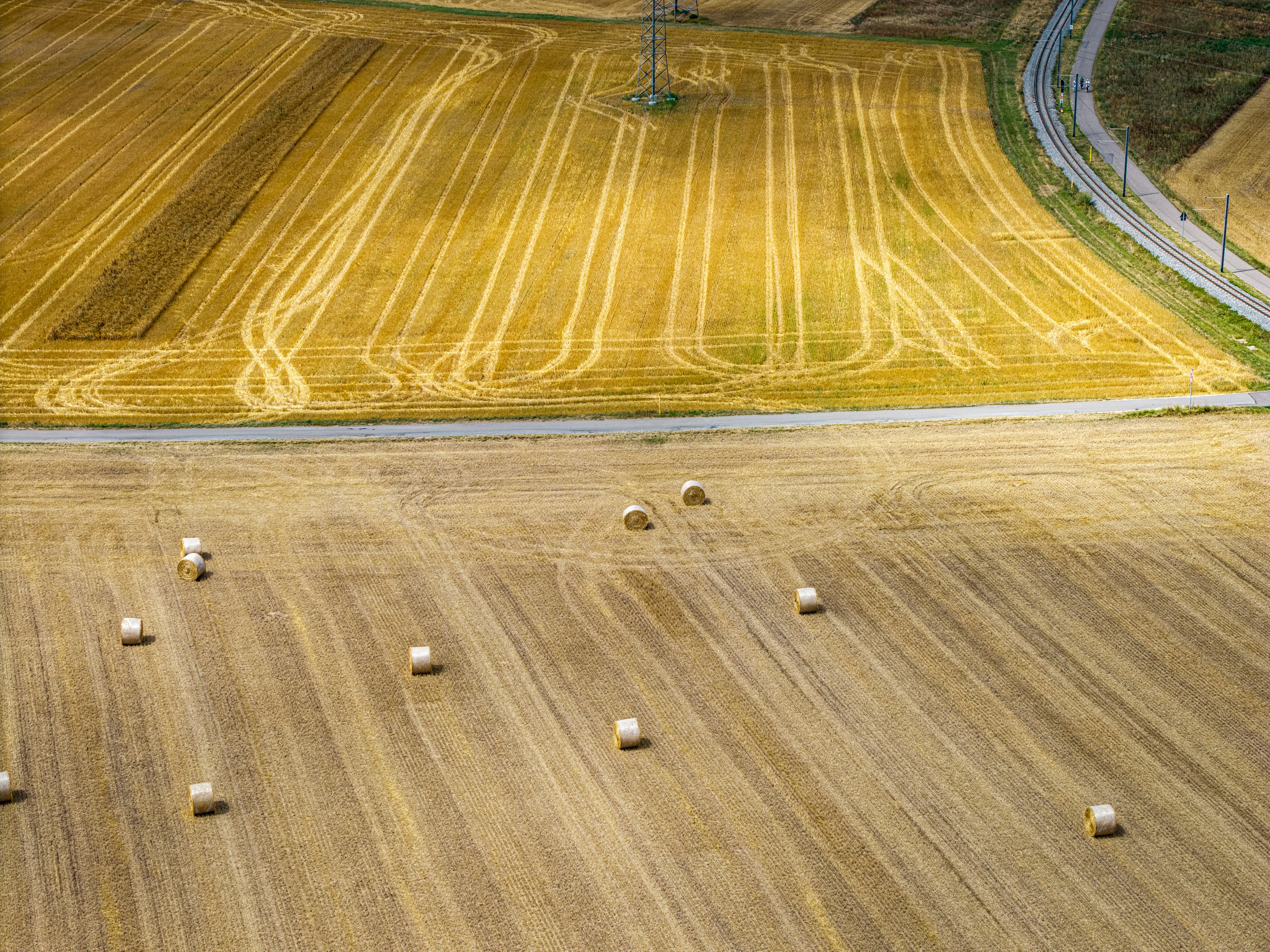 Harvest Patterns: Aerial Grid of Bales Under a Winding Road