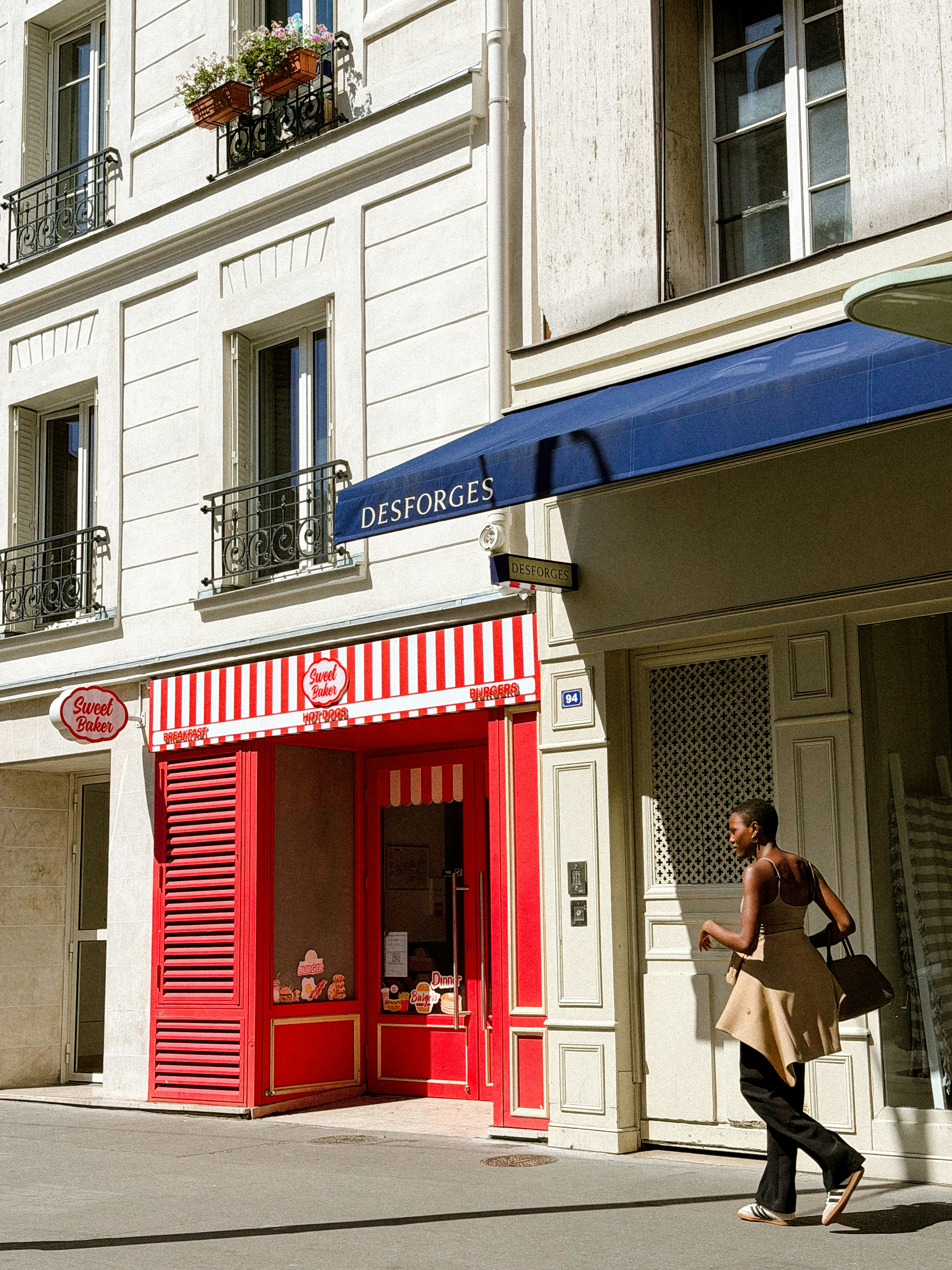 Sunlit Street Palette: A Stride Past A Striped Shopfront