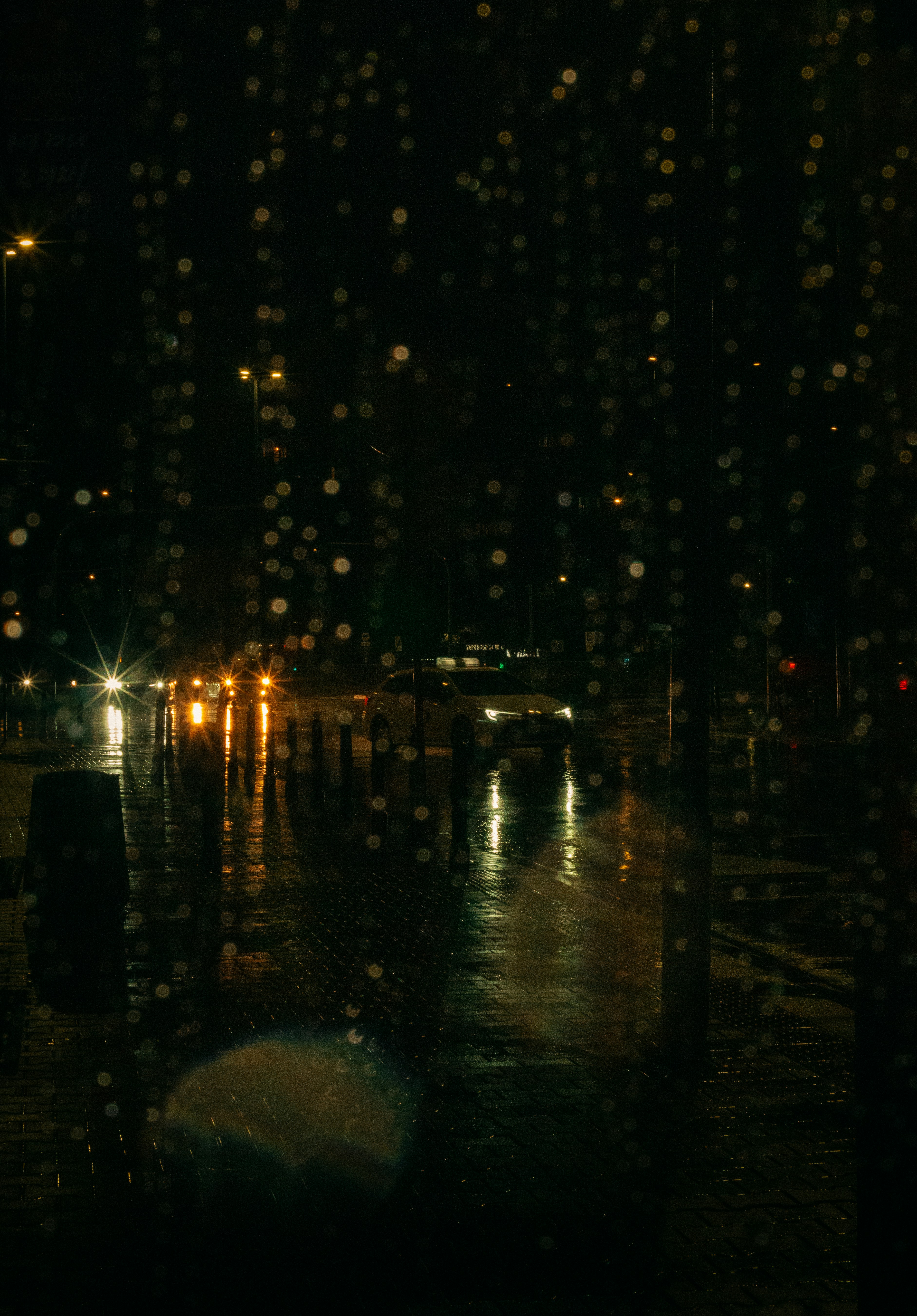 Rain-kissed Streetlights and a Dim Car Amid Neon Rain