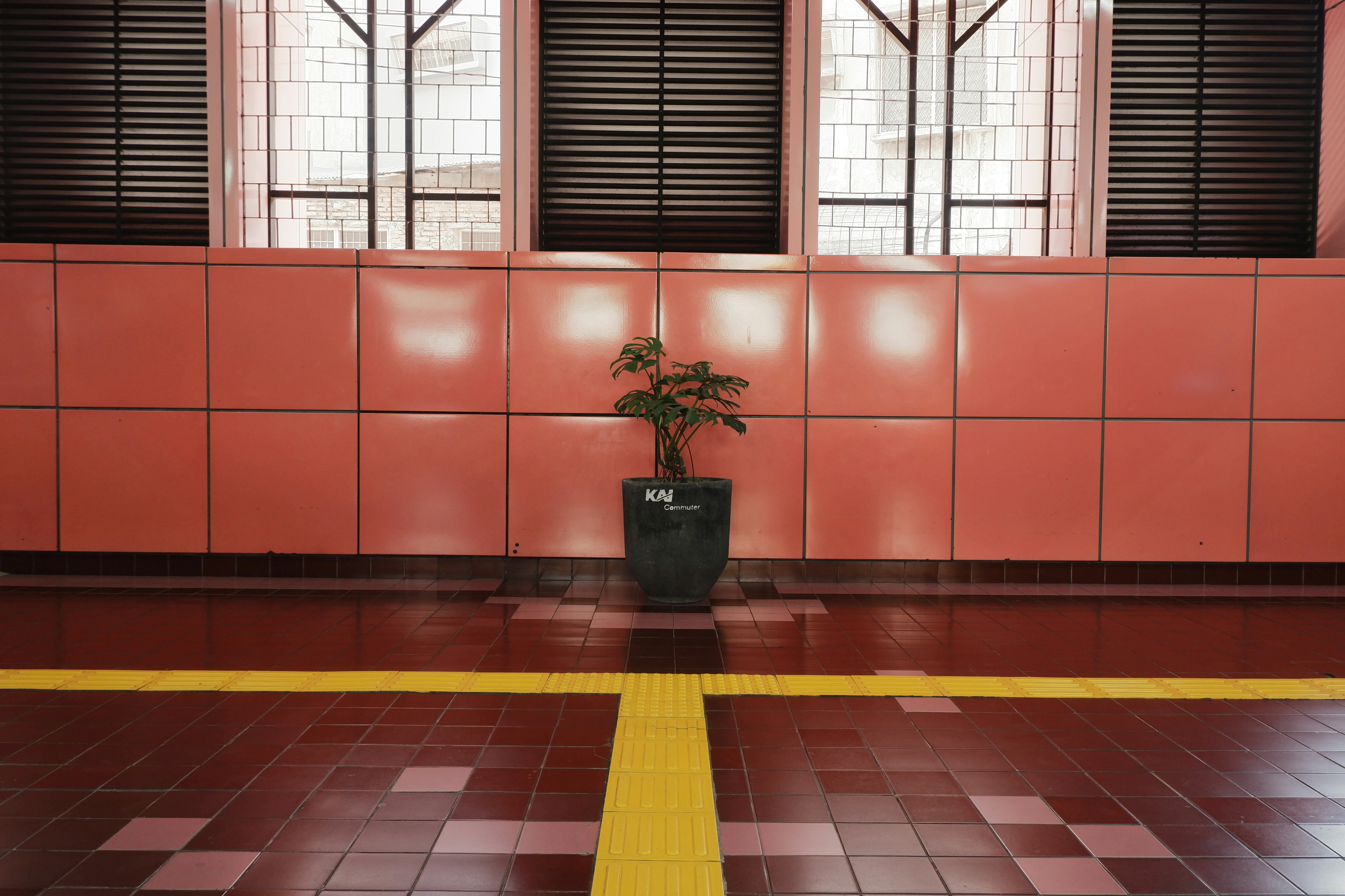A lone potted plant sits against a red-tiled wall at a subway platform, framed by a yellow tactile guiding path and large windows above. (Logo-free, photographic scene).