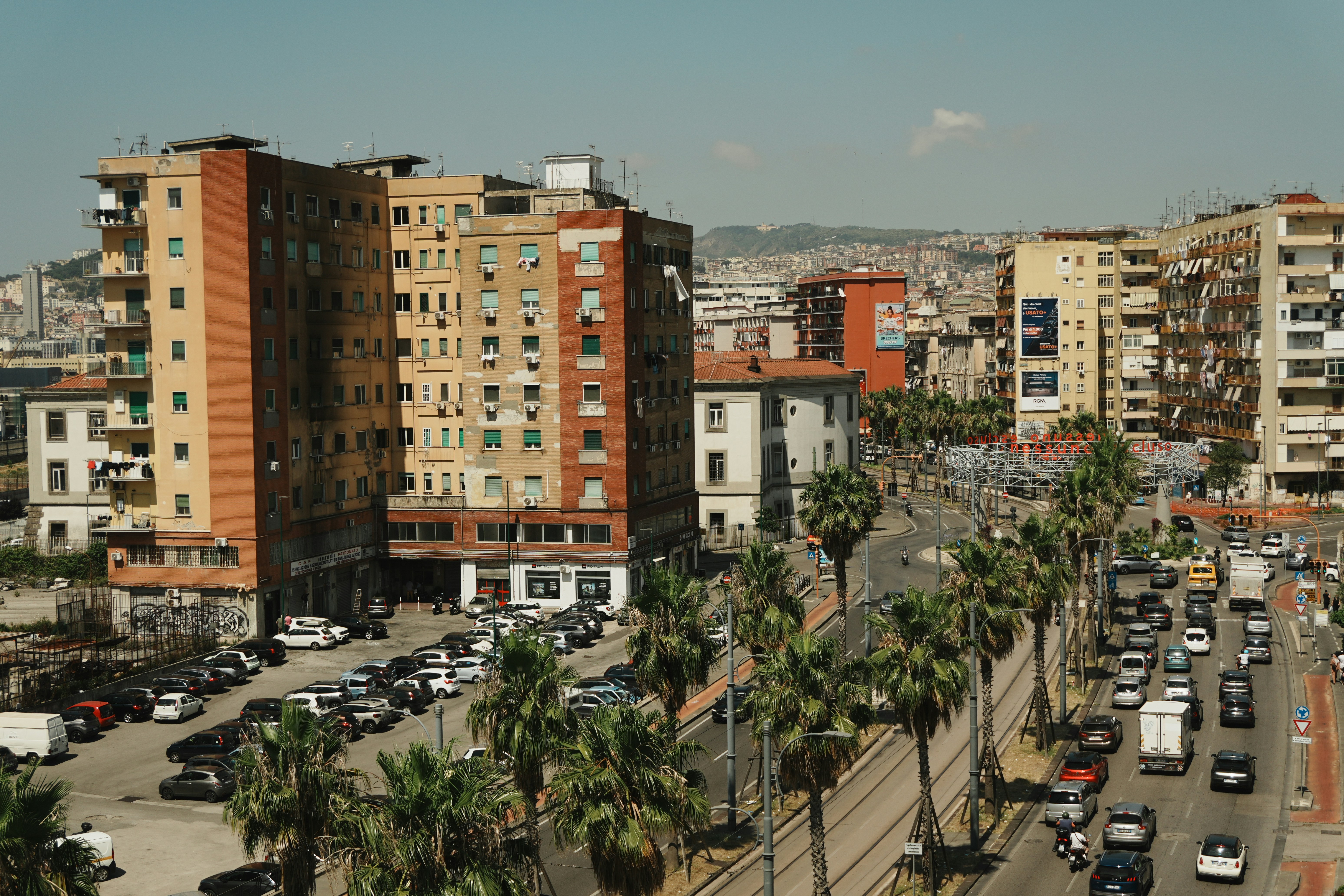 Palm-lined boulevard and mid-rise skyline under a clear coastal sky