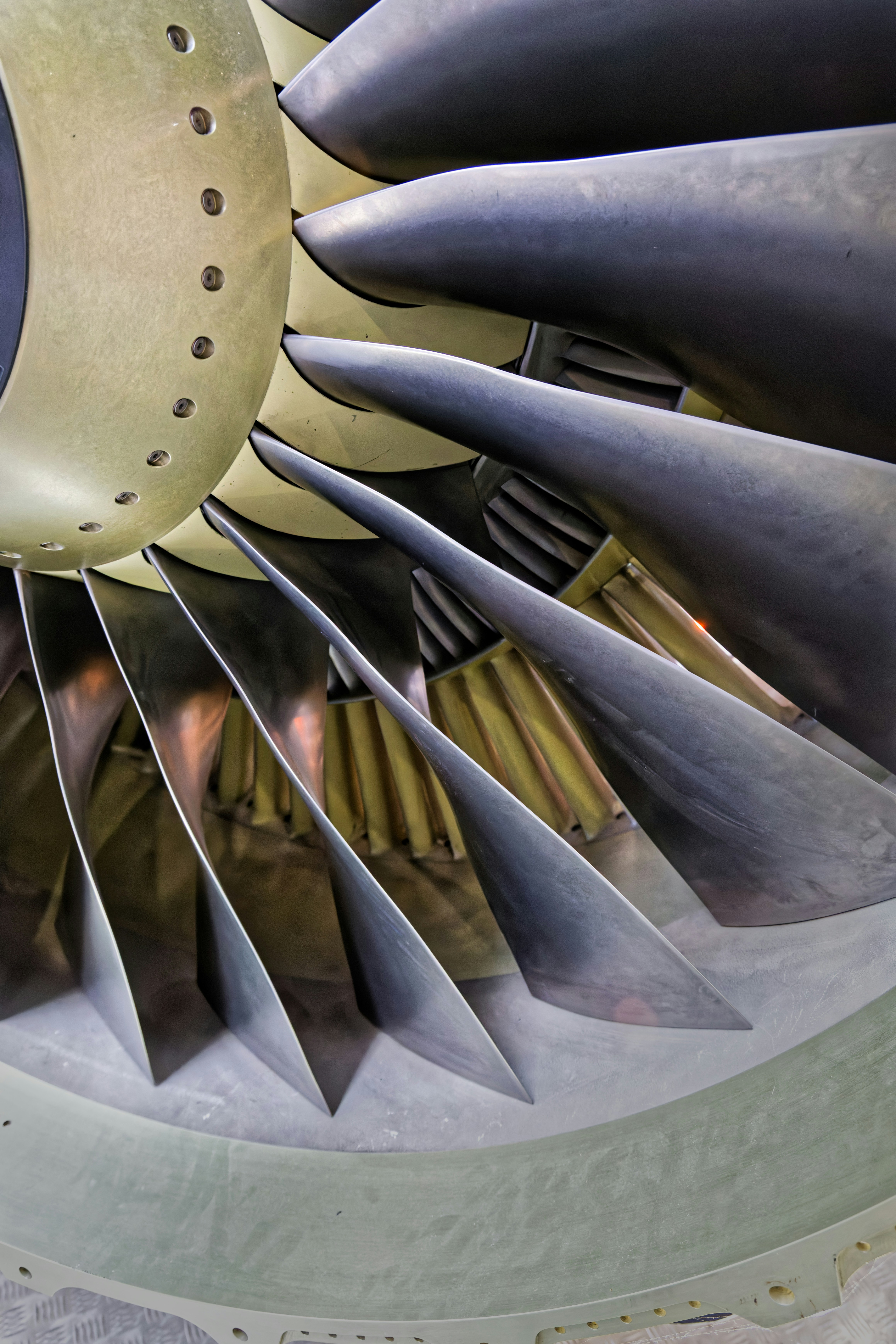 Close-up of turbine blades converging toward the hub