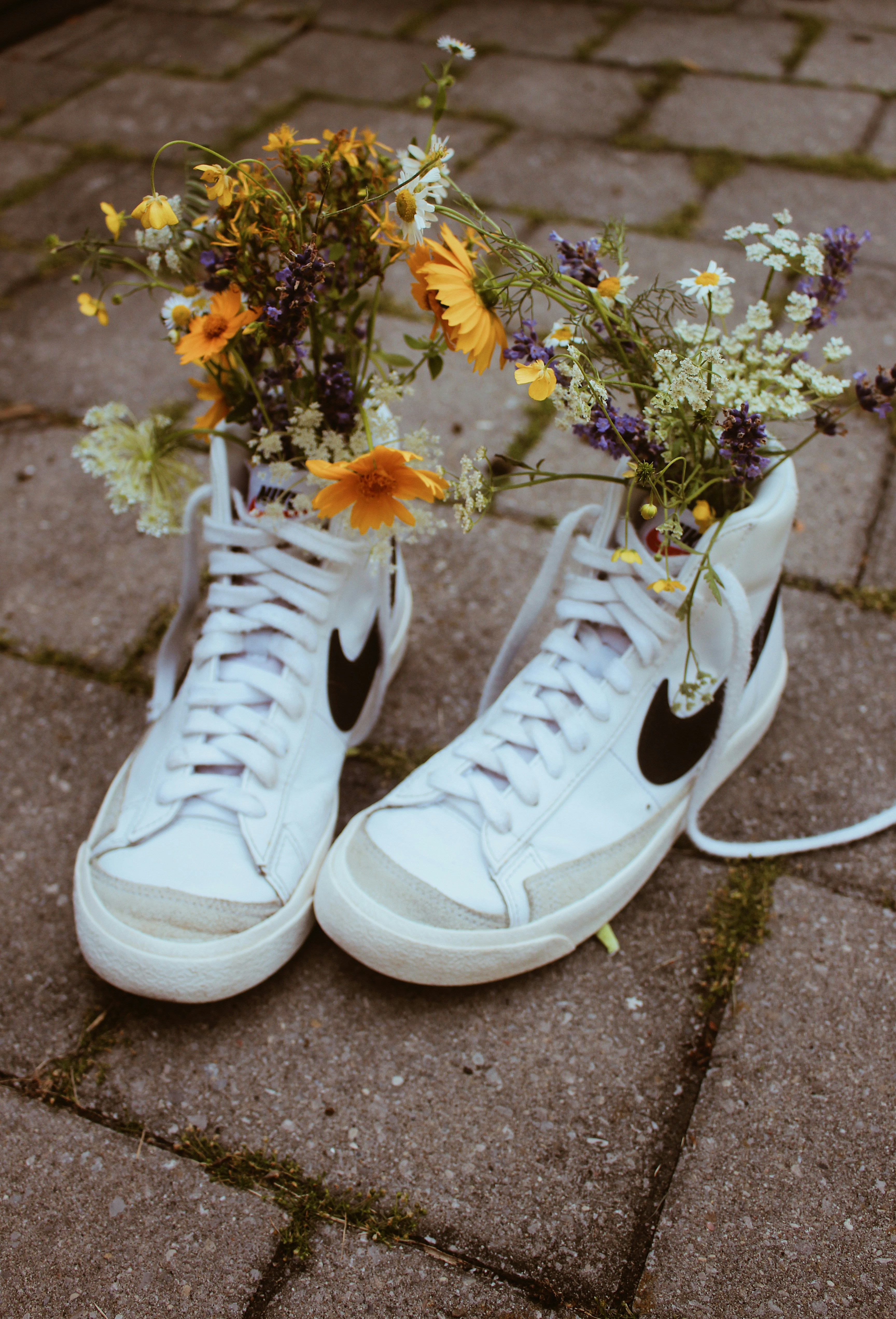 Sneaker bouquets: white high-tops brimming with wildflowers
