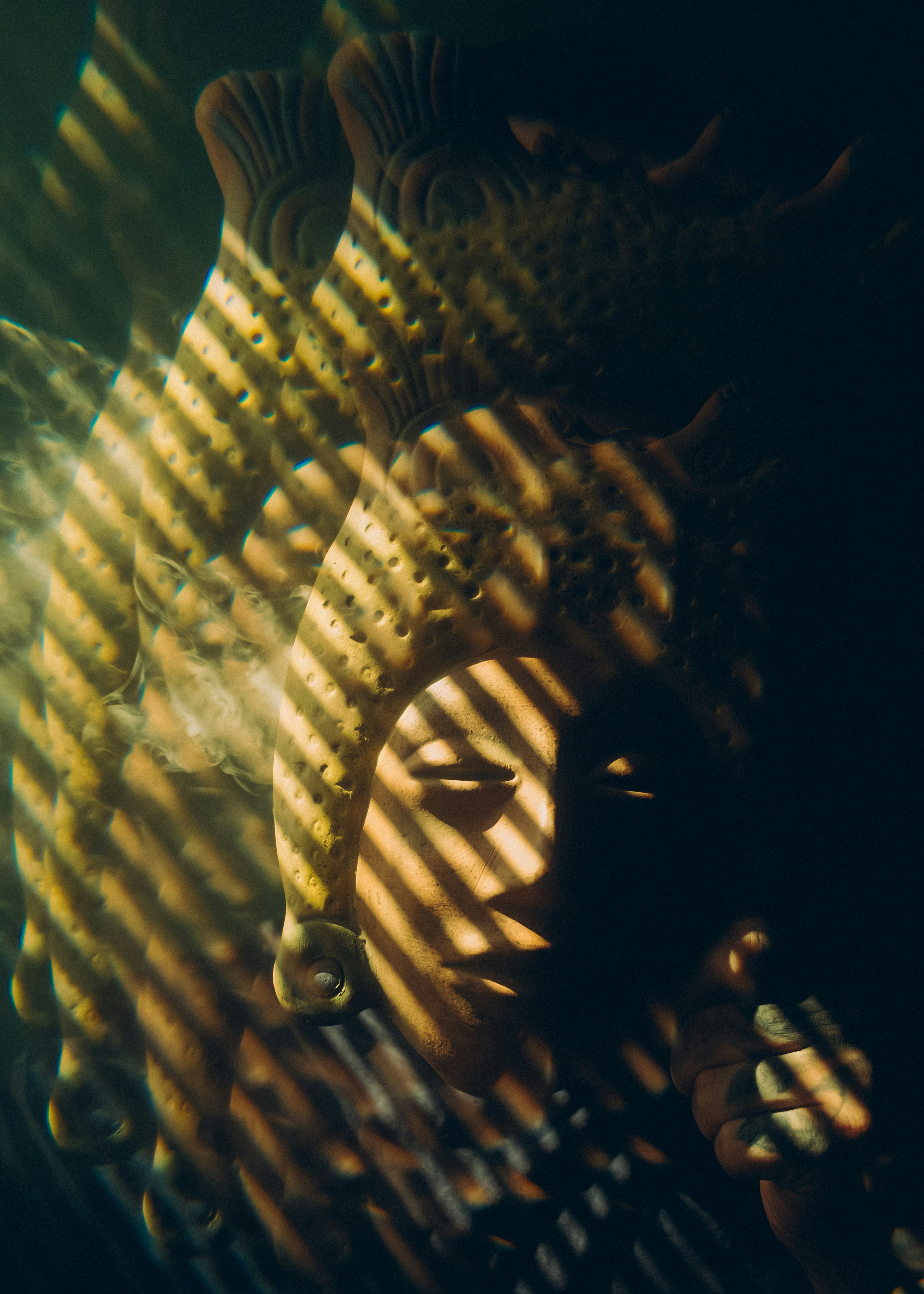 Shadowed Guardian: Striated Light on a Buddha Face