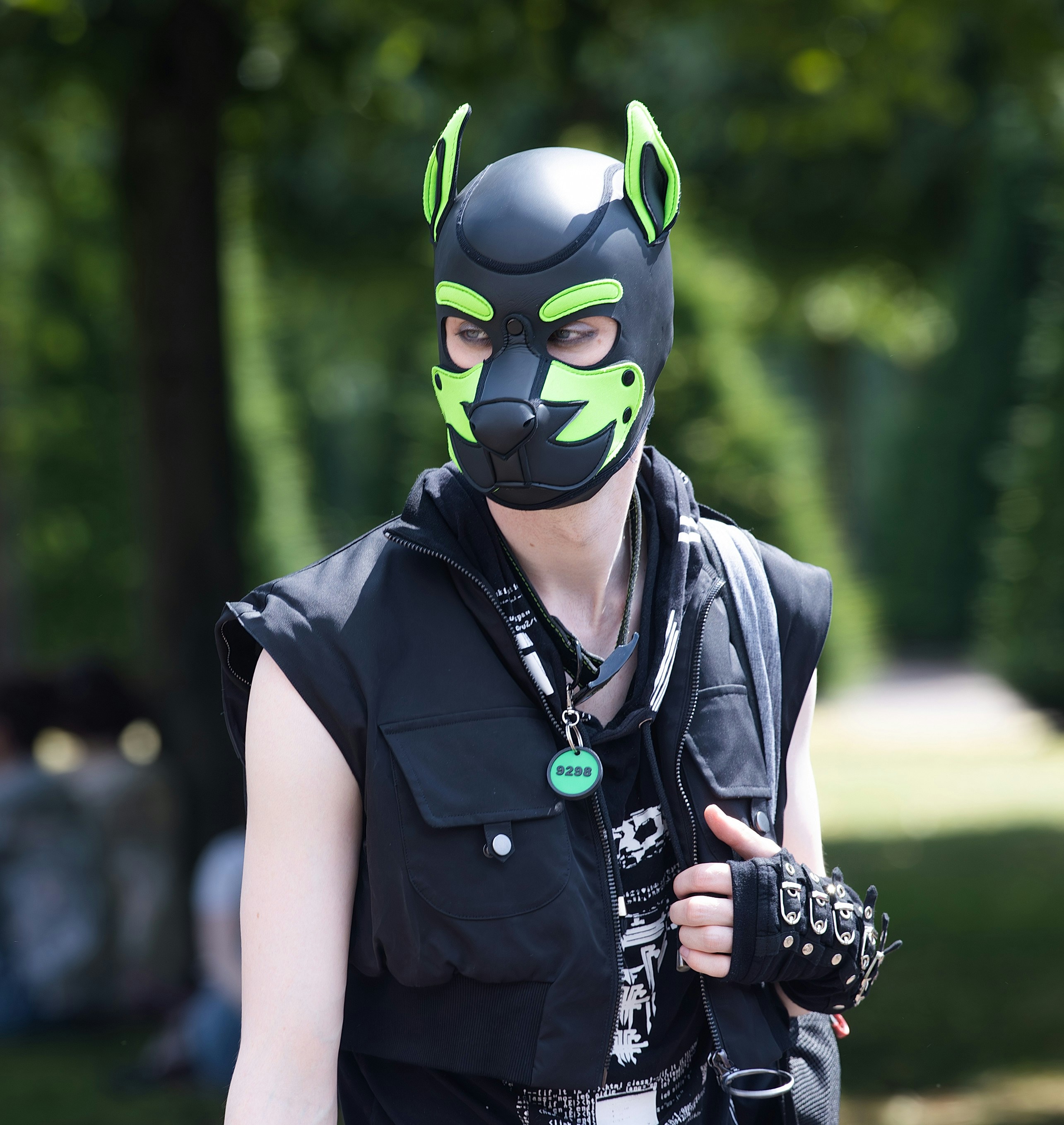 Masked vigilante in a sunlit park, eyes locked on the camera