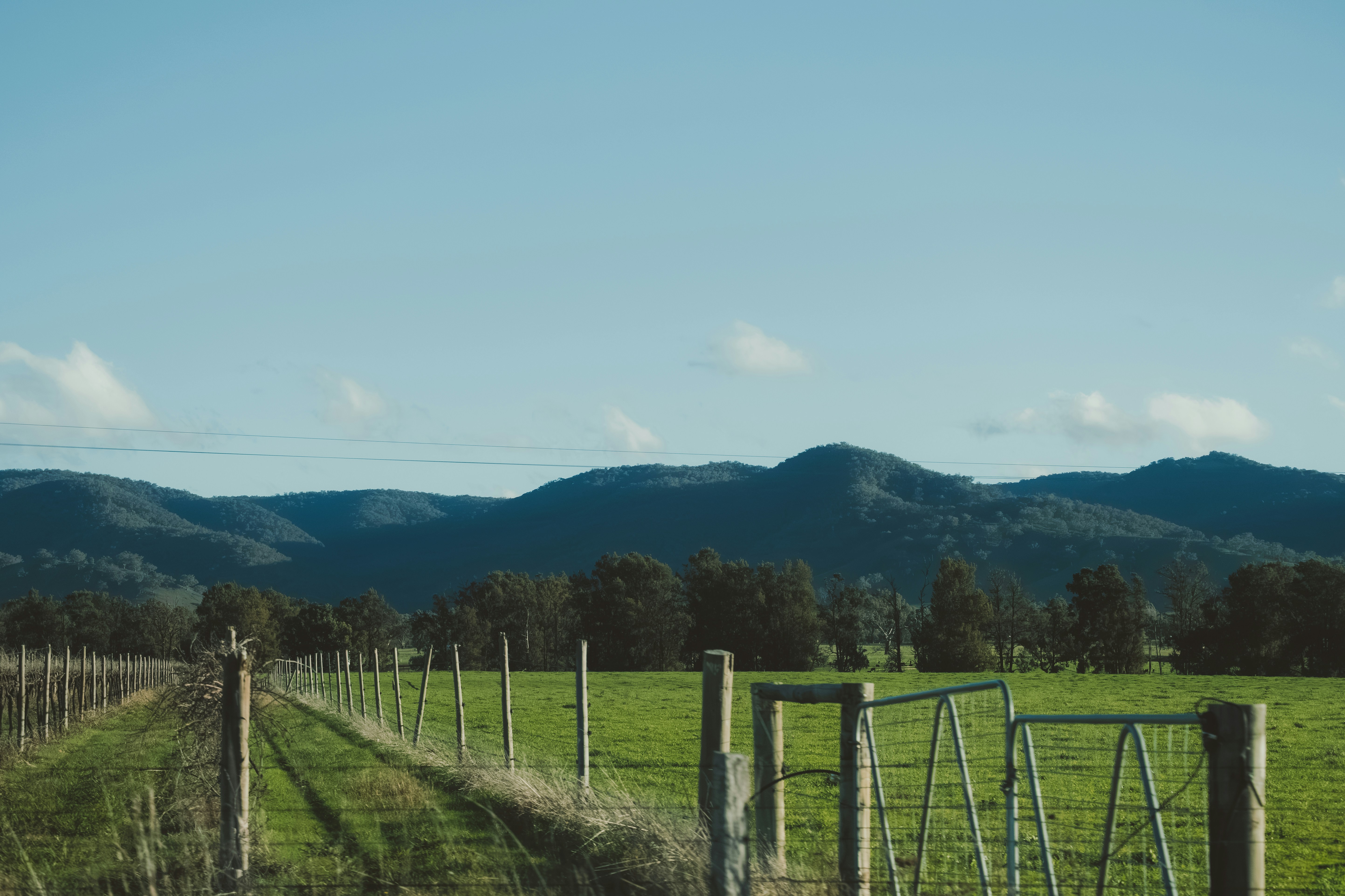 Fenced Pasture Leading to Distant Hills Under Clear Sky