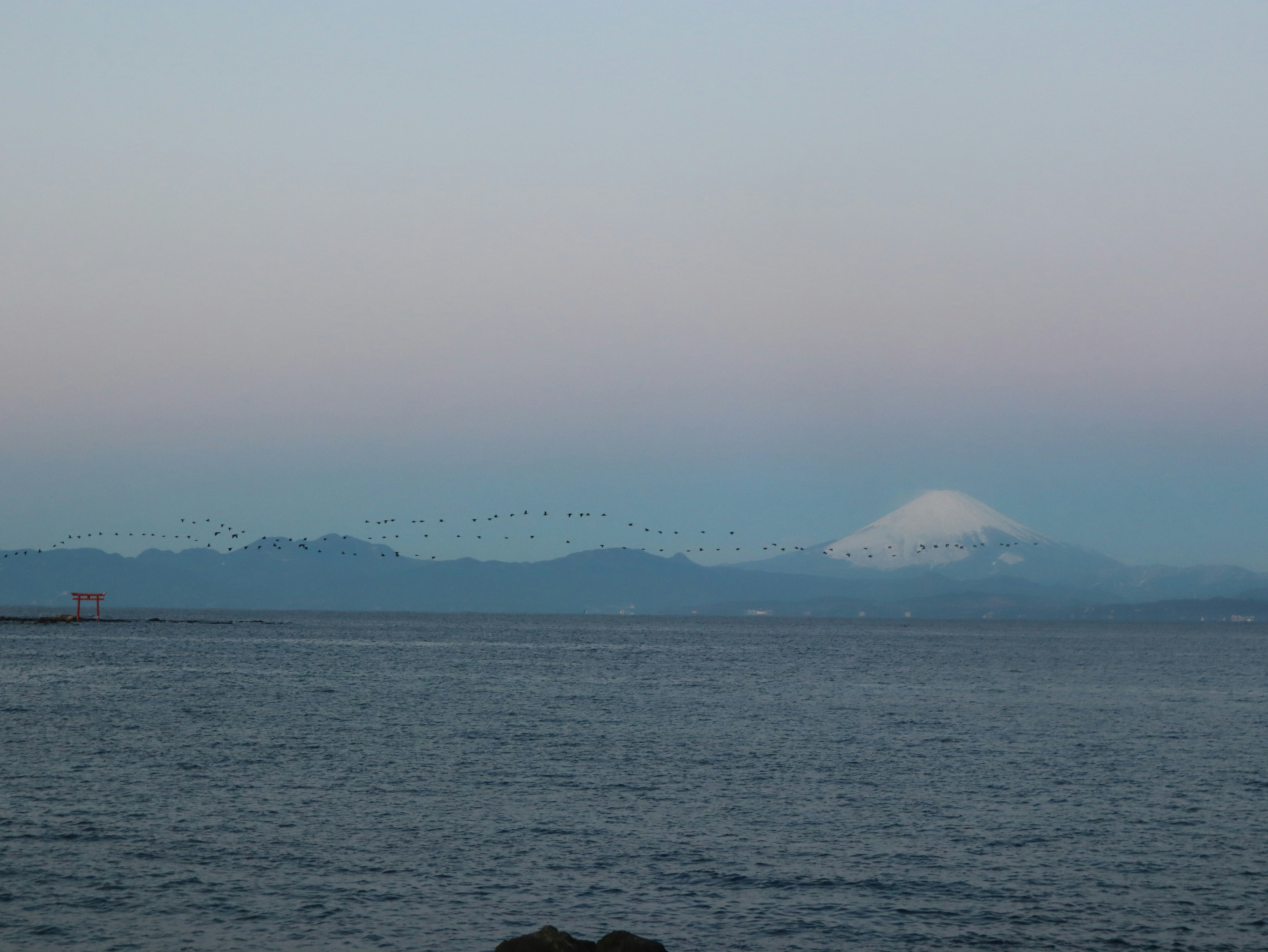 Distant Snow-Capped Peak Above a Calm Sea at Dusk