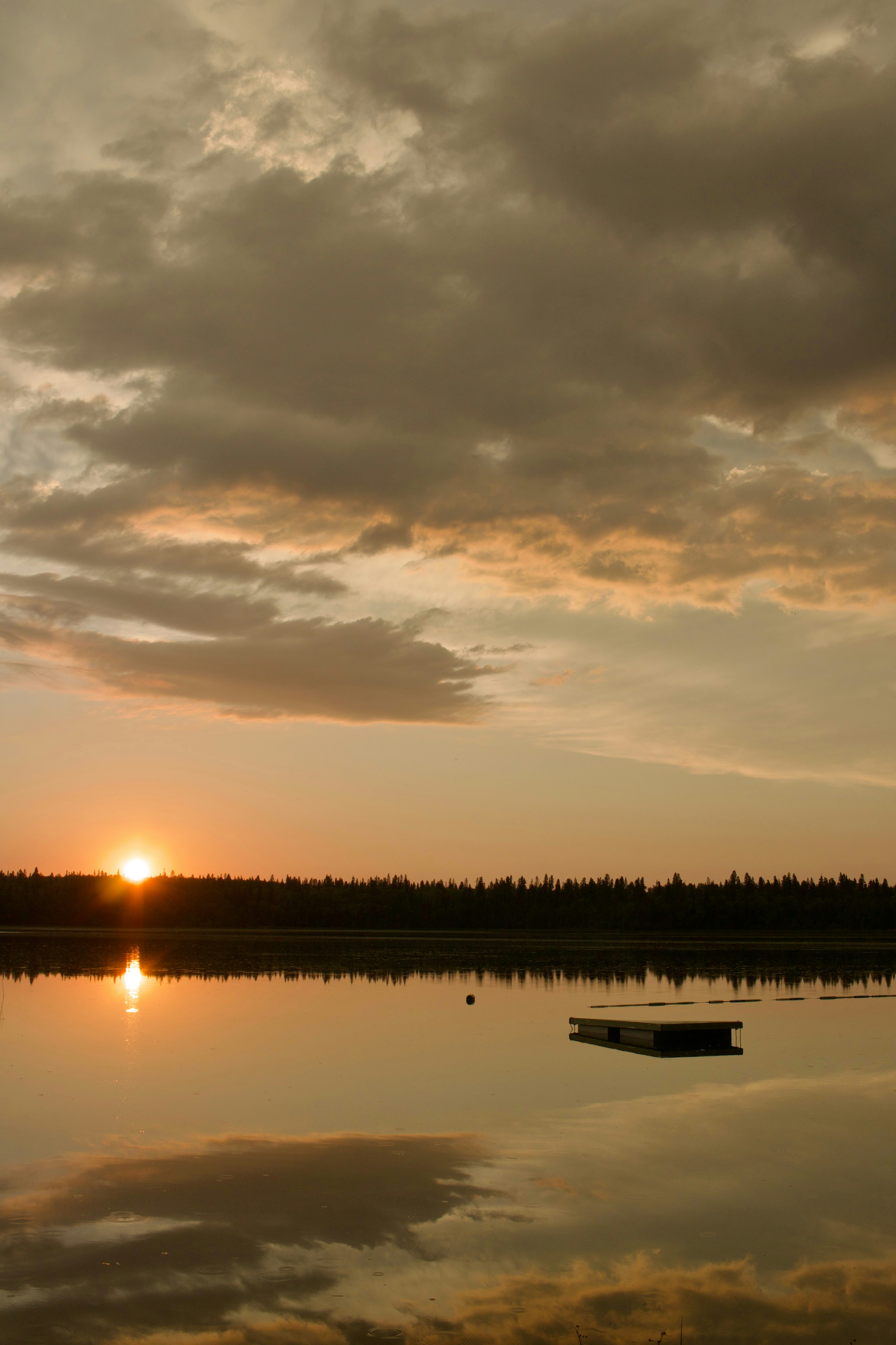 Sunlit Edge: Quiet Lake at Dusk with Floating Dock
