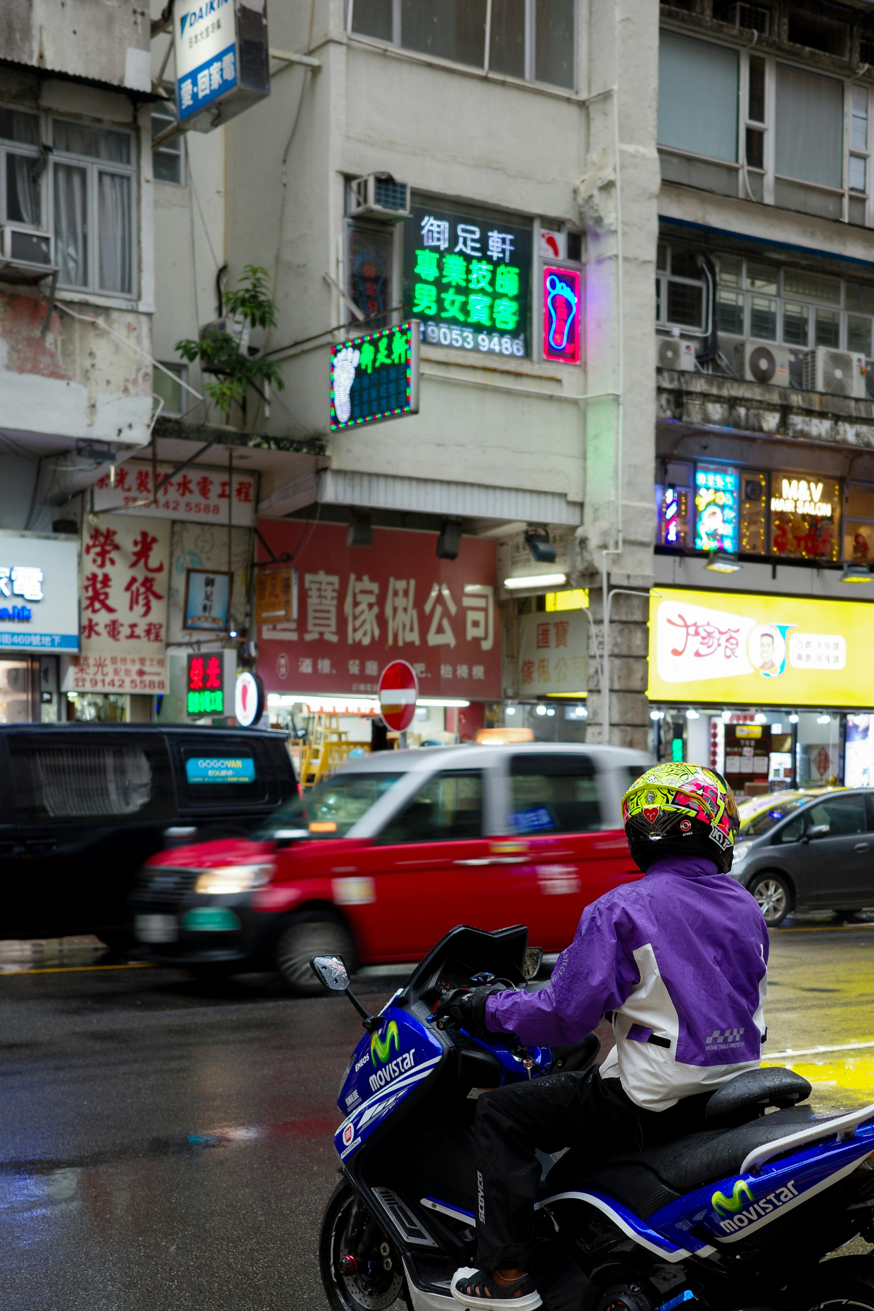 Purple Jacket, Neon Alley: A City Ride through Neon Rain