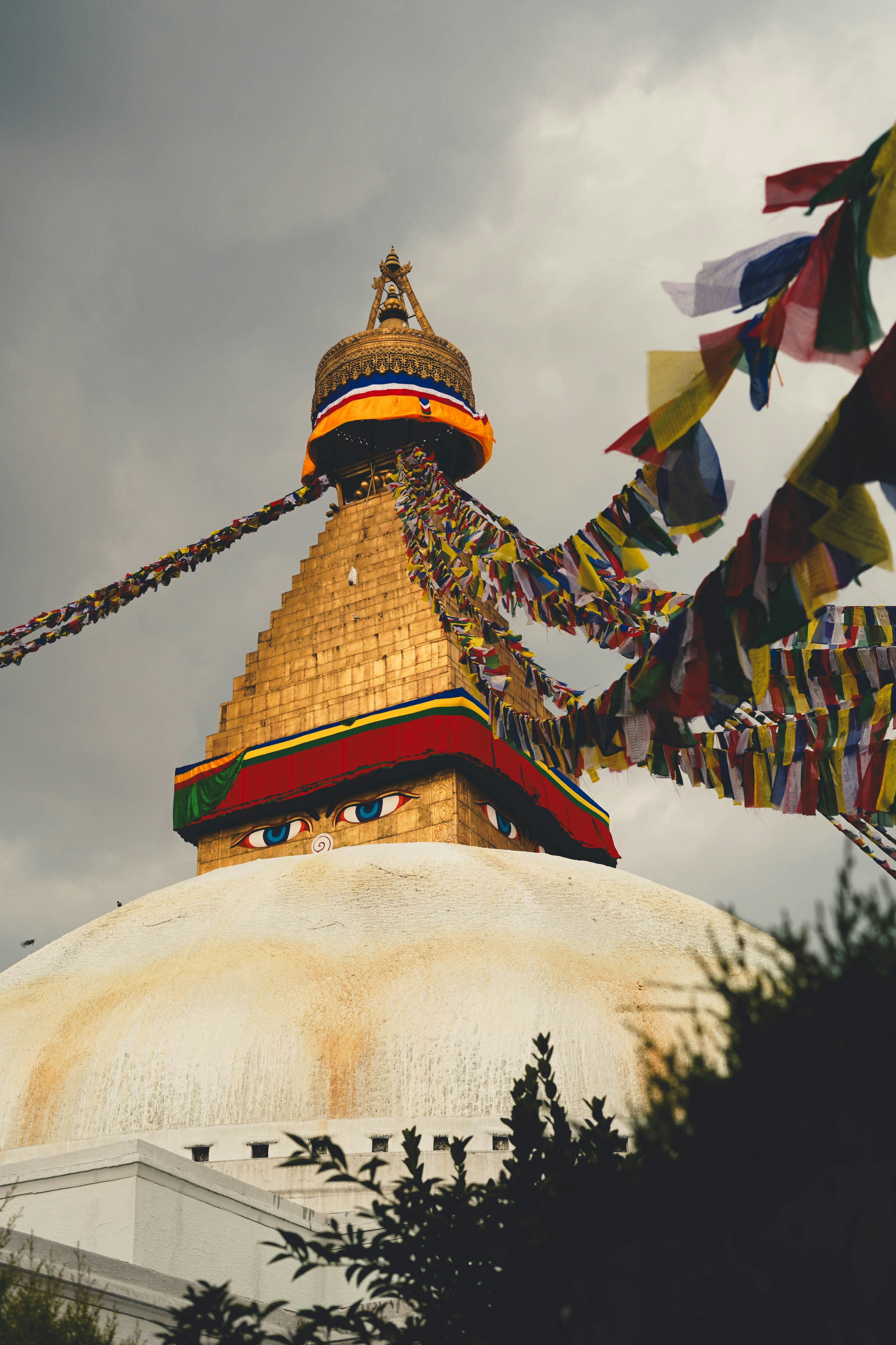 Gold Stupa Crowned with Prayer Flags