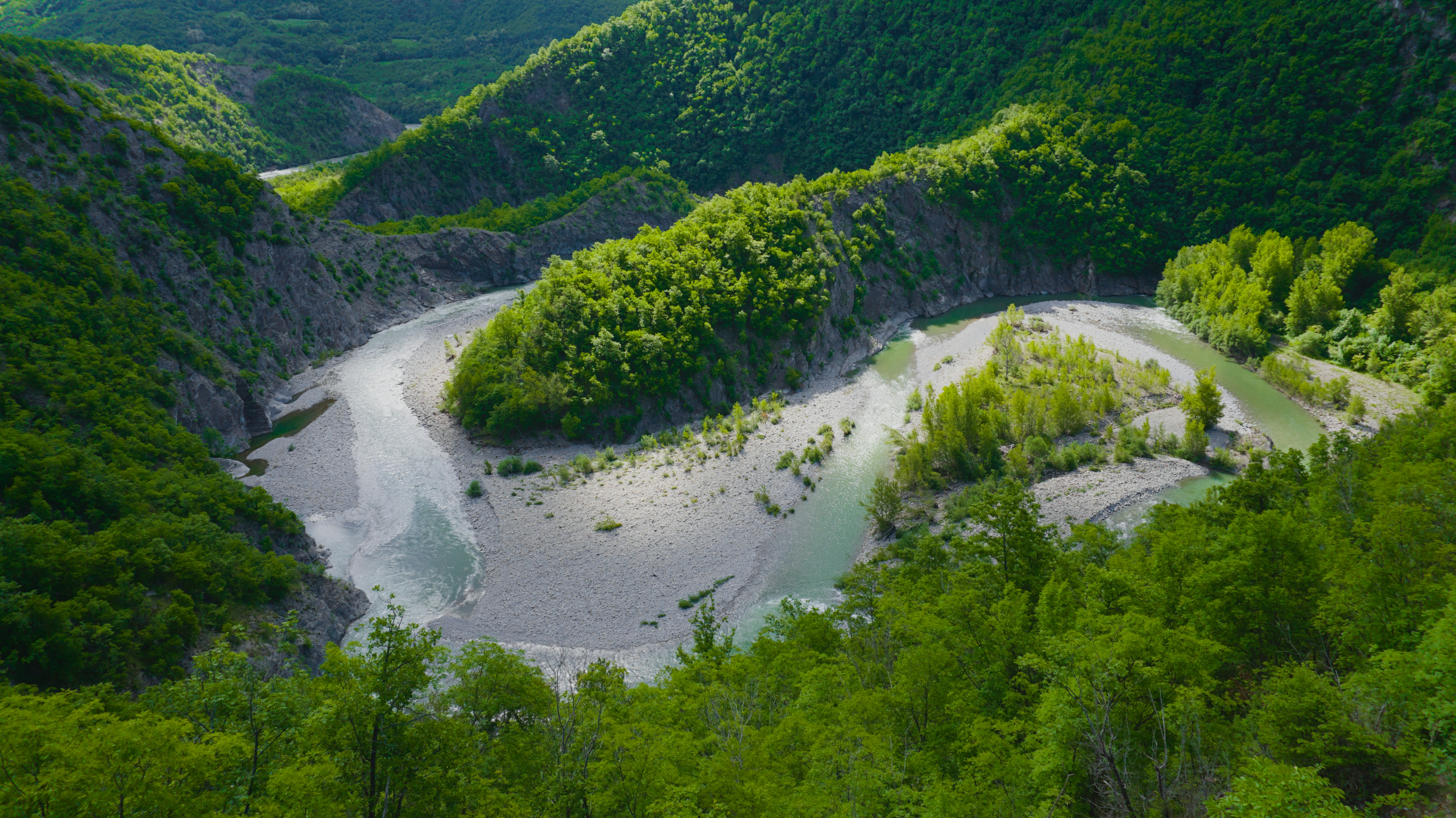 Aerial view of a winding river cutting through a verdant gorge with dense trees and exposed riverbeds.