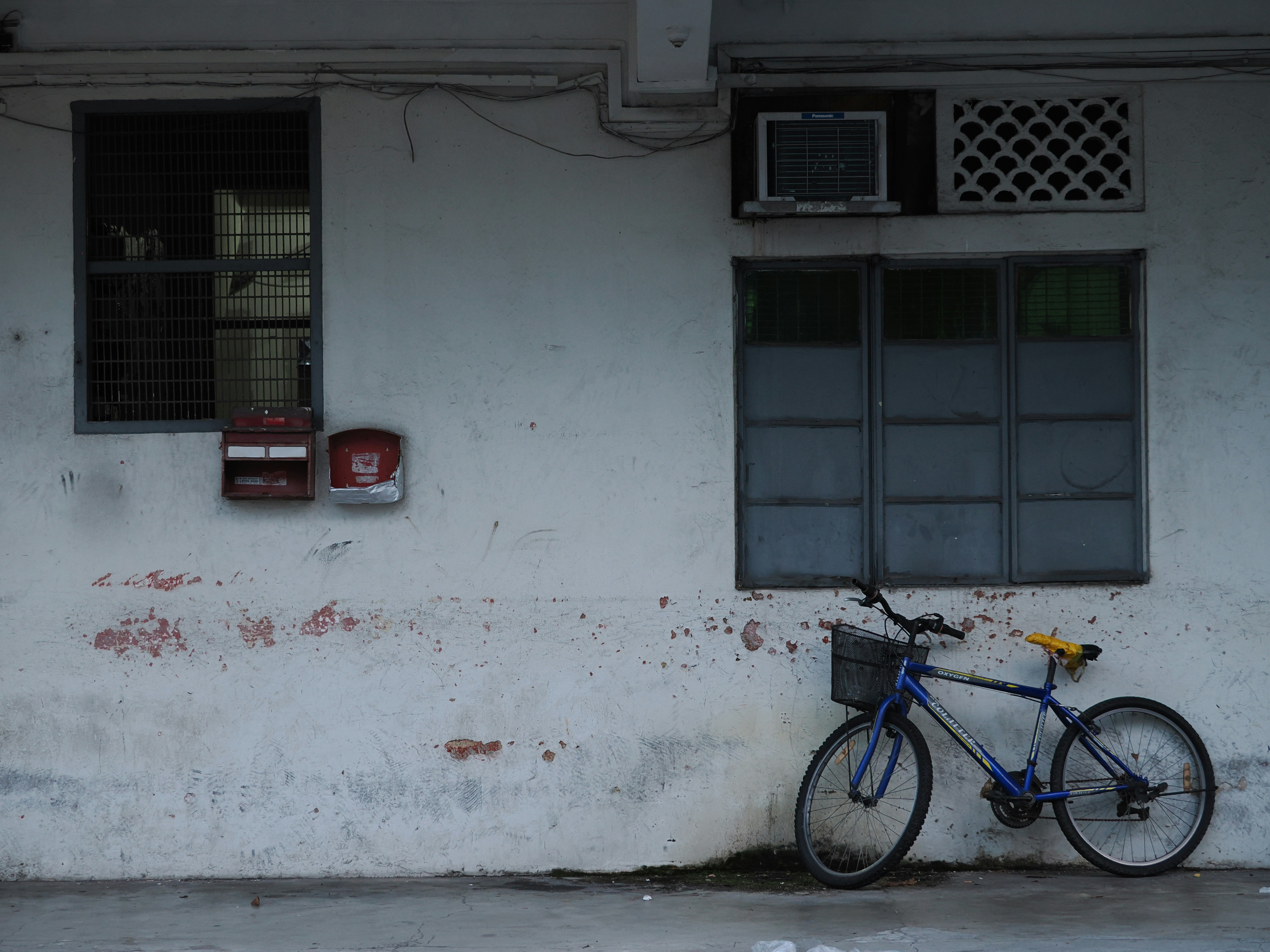 Quiet Corner: A Blue Bicycle Resting Against a Sunlit Wall