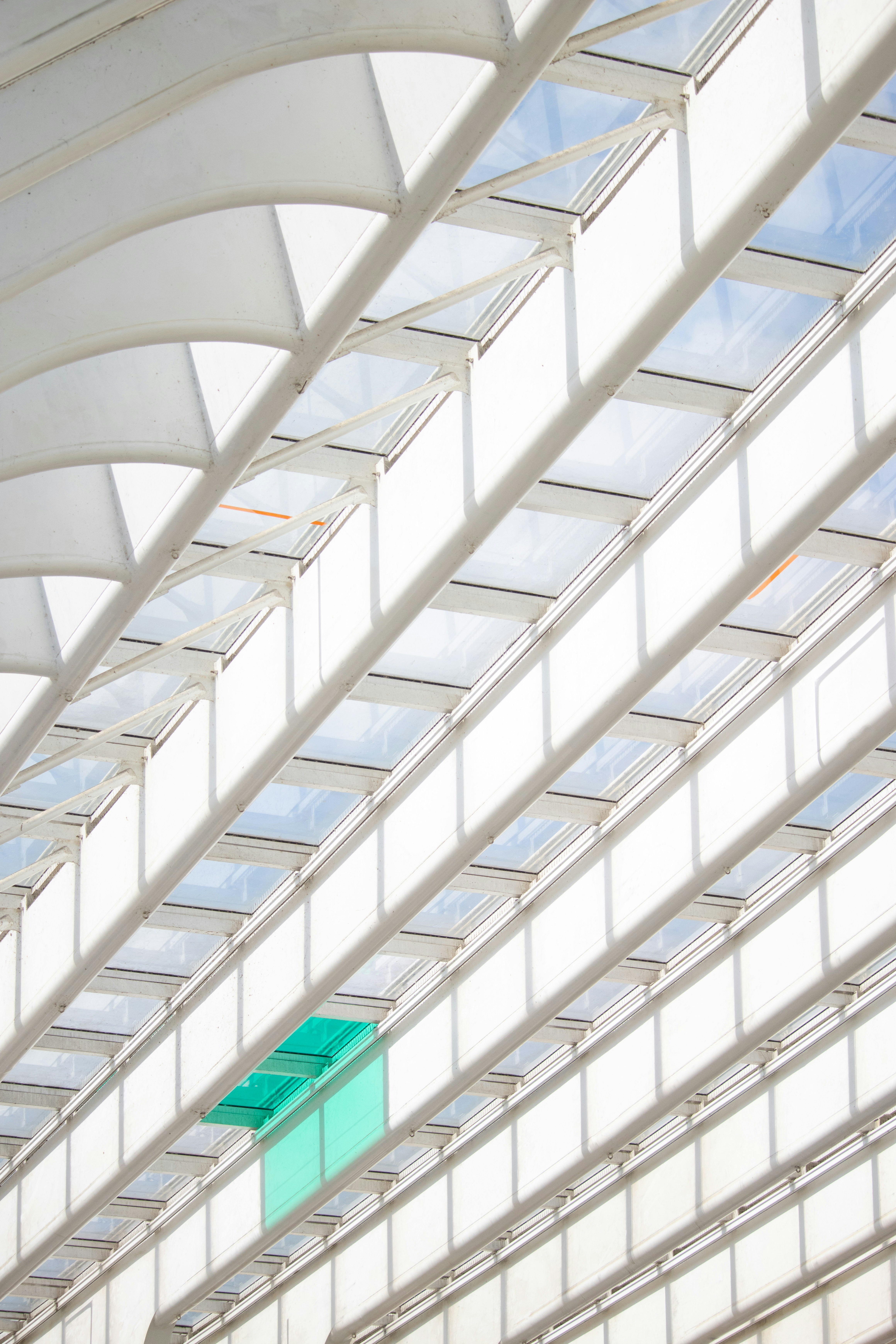 Diagonal Light Rails: A Sunlit Glass Atrium Sliced by Steel Arches