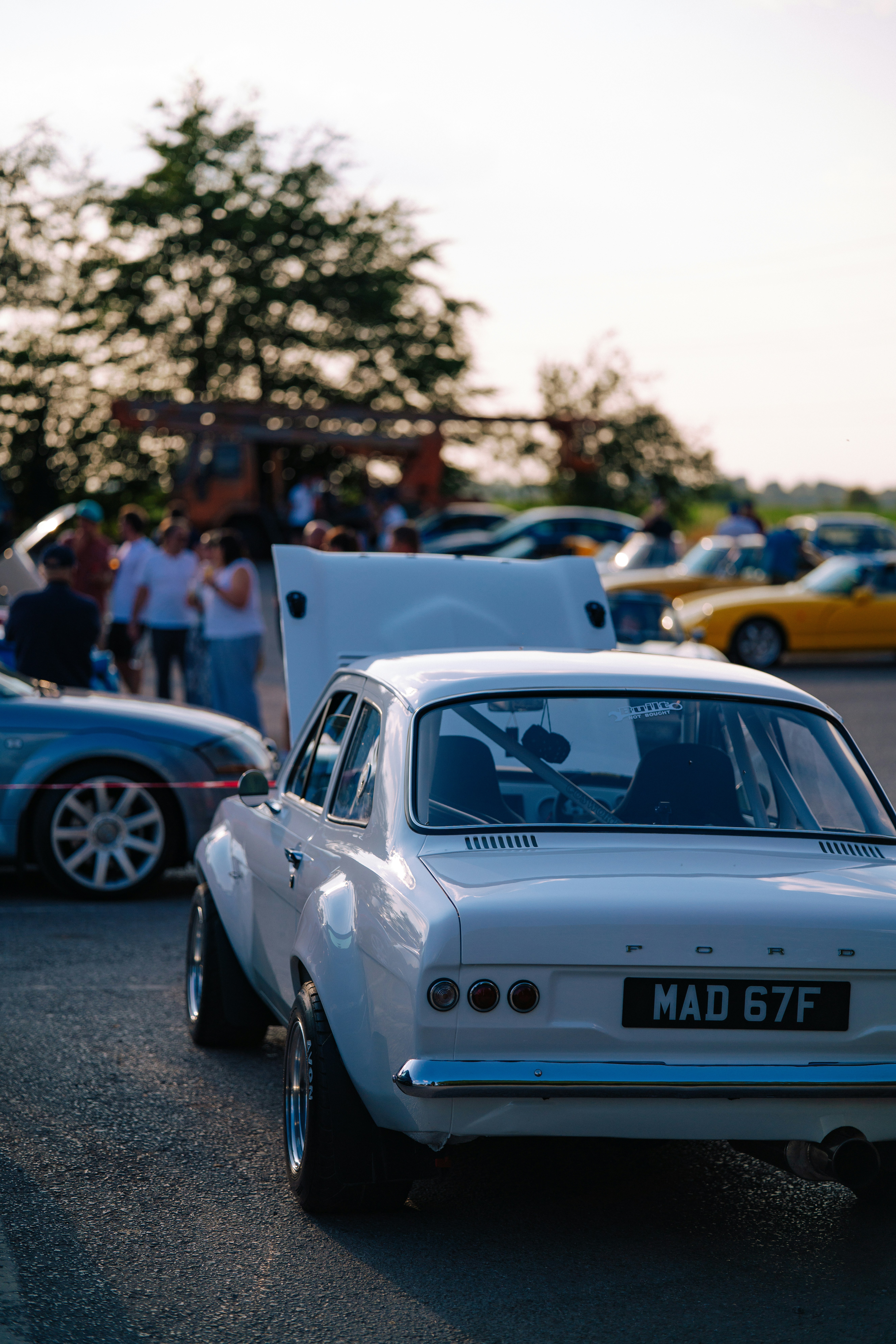Rear-View Classic: A white Ford Stands Proud at the Car Meet