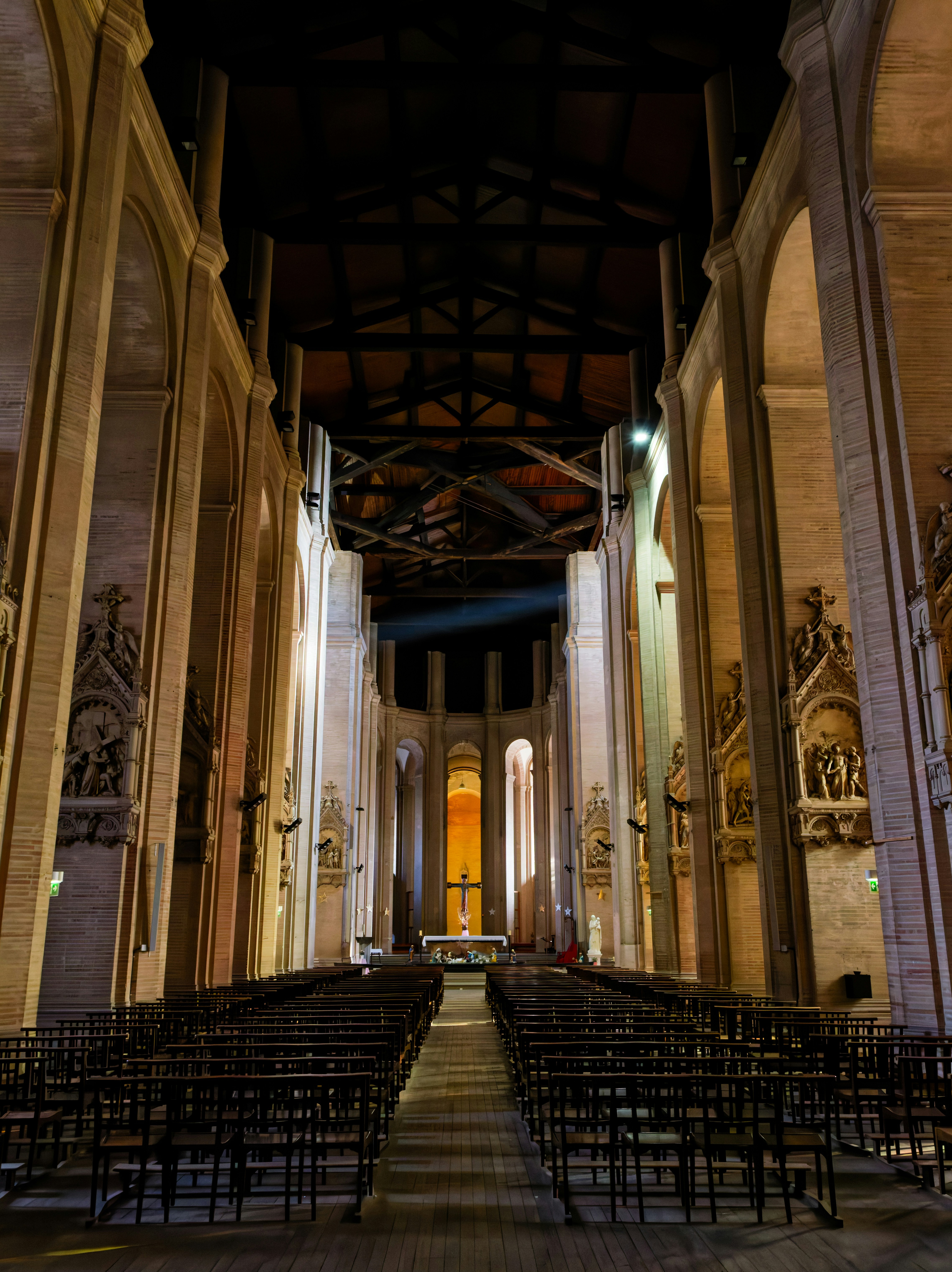 Aisle of Stone Echoes: Silent Cathedral with Wooden Vaults