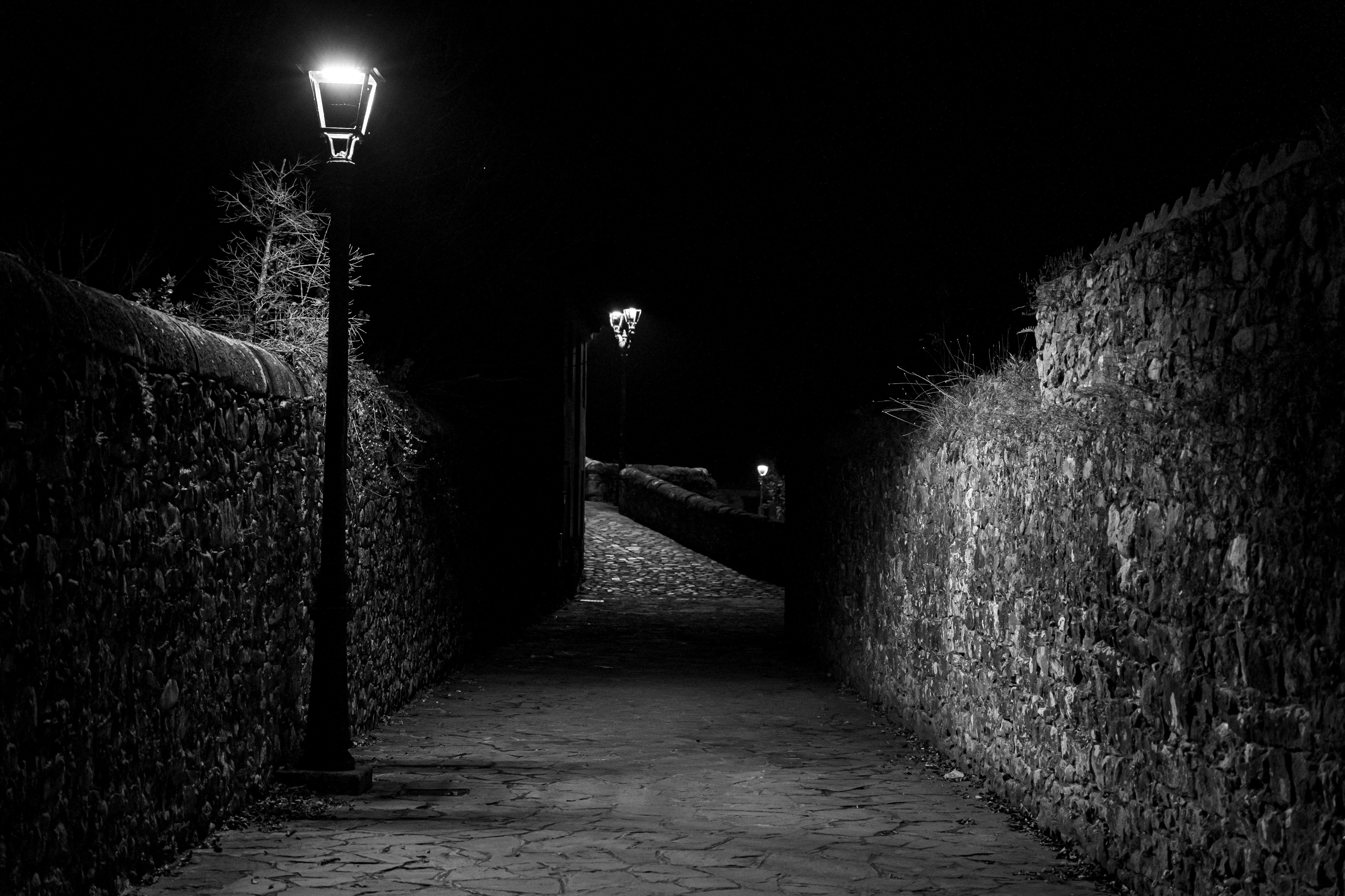 A moonlit stone alleyway flanked by walls, illuminated by vintage street lamps, recedes into darkness as a narrow path curves away.