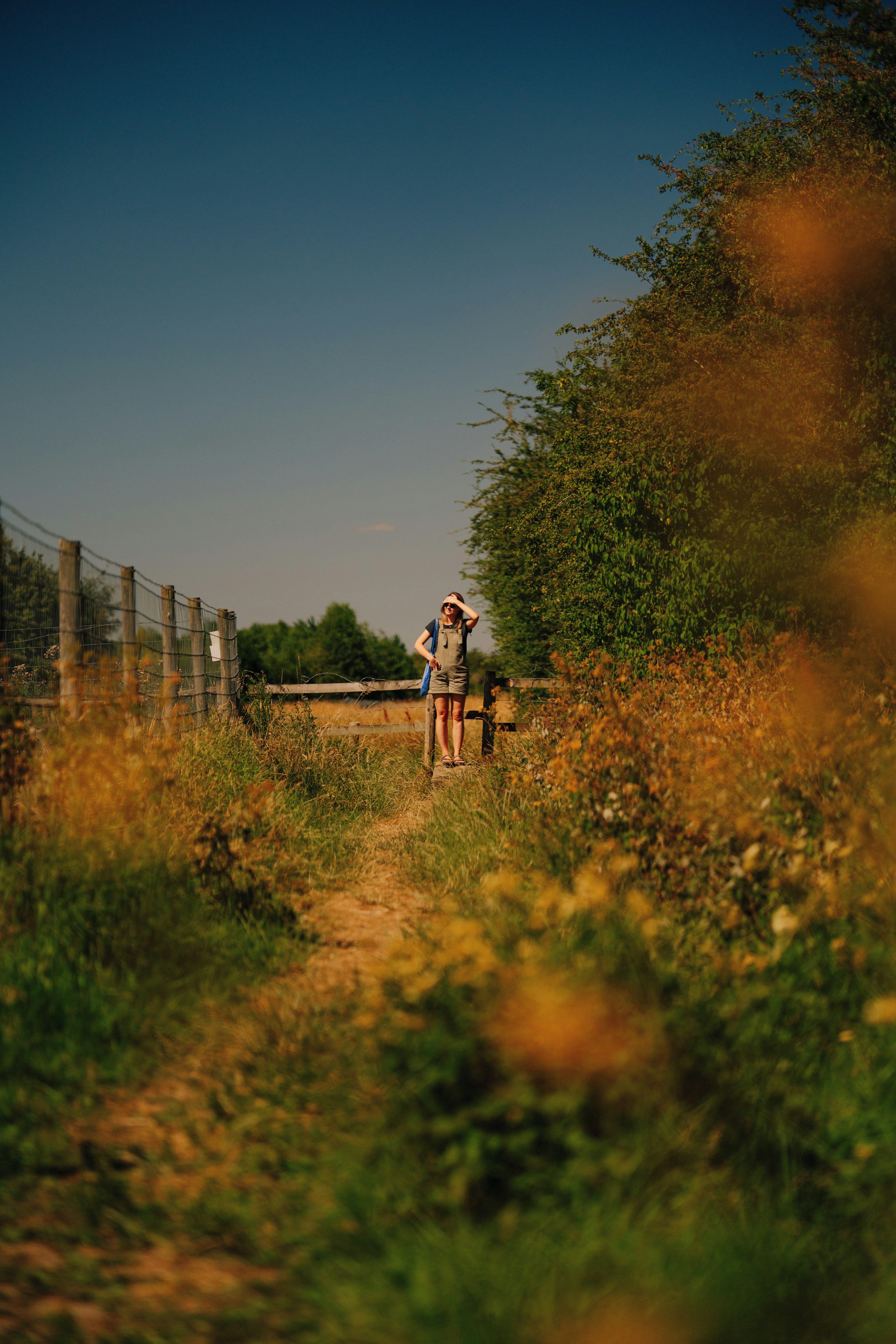 Trailside Portrait: A Woman Standing Under Amber Fields