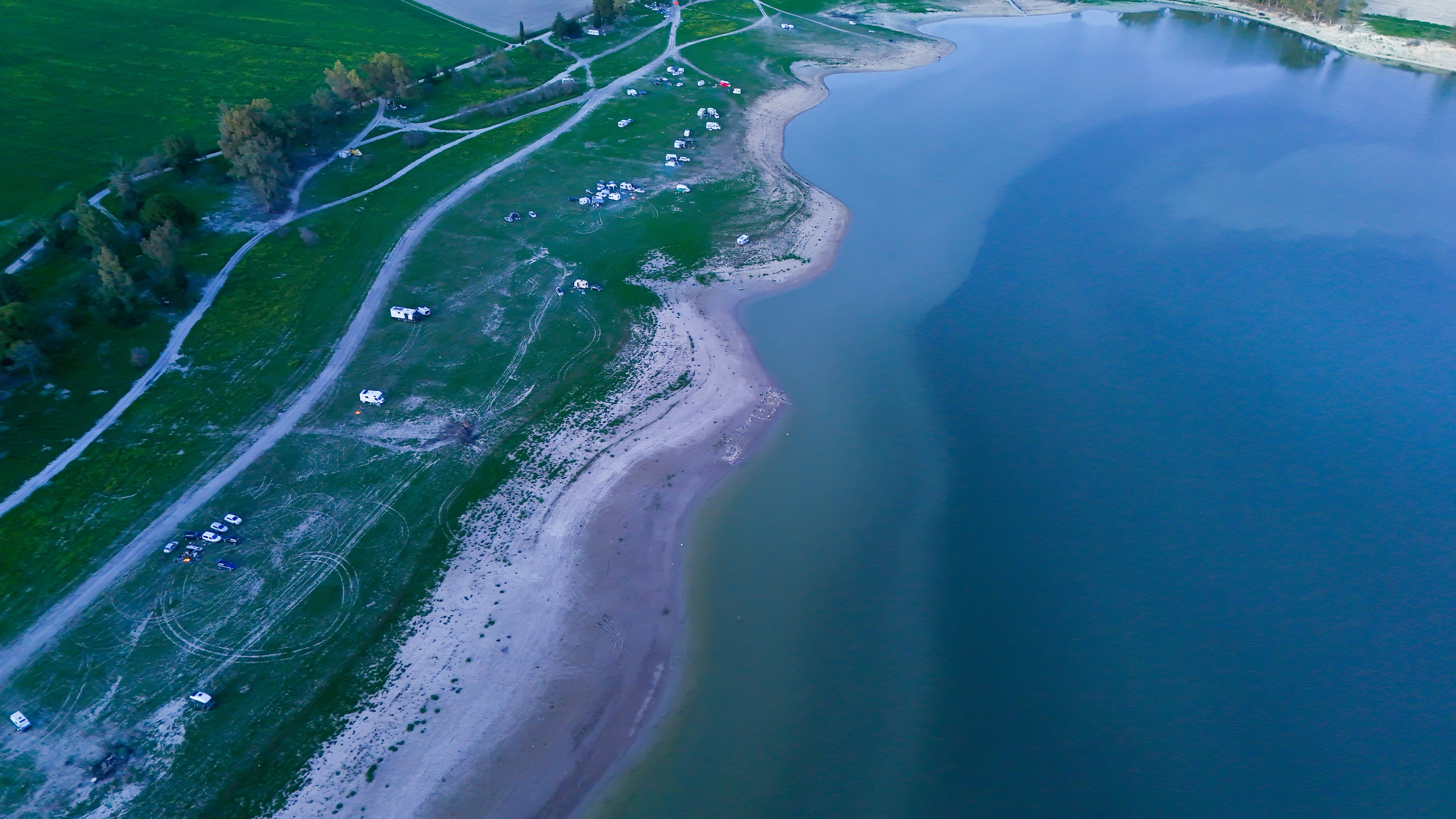 Aerial Cove: Curving Shoreline and Green Fields Meet the Quiet Lake