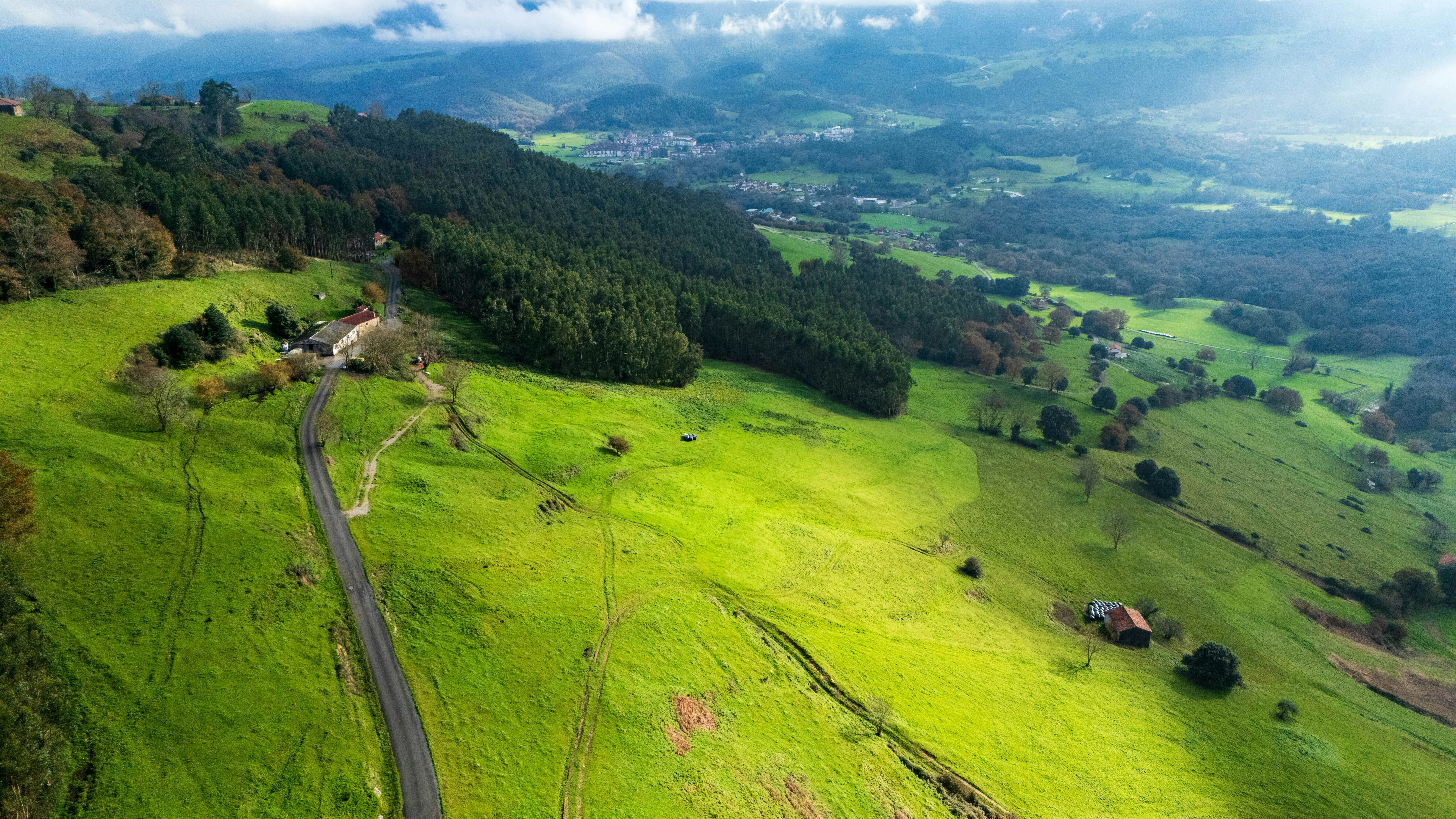 Verdant Valleyscape: A Winding Road Through Rolling Farmlands