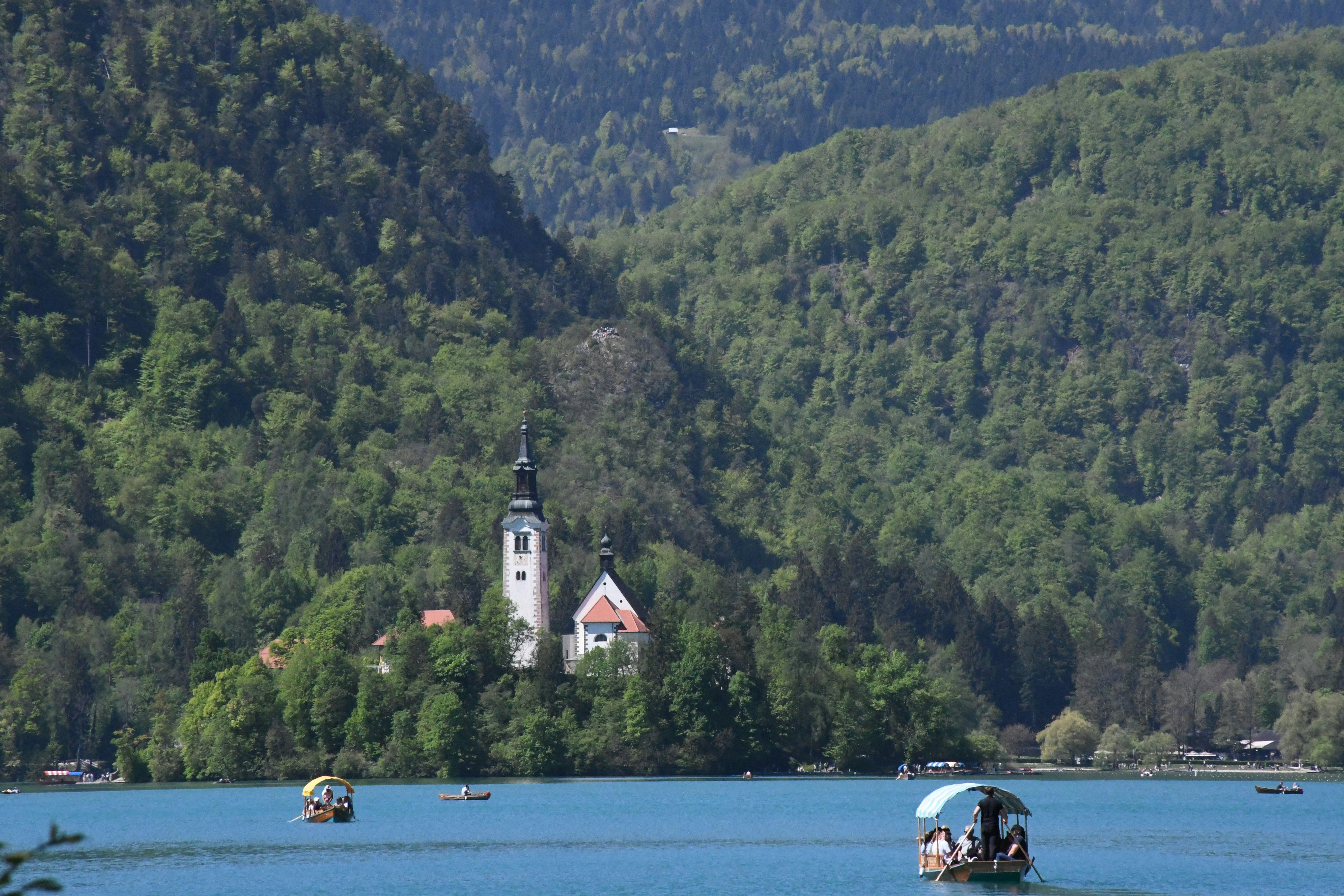 Lakeside Bell Tower Emerges from Forested Dunes