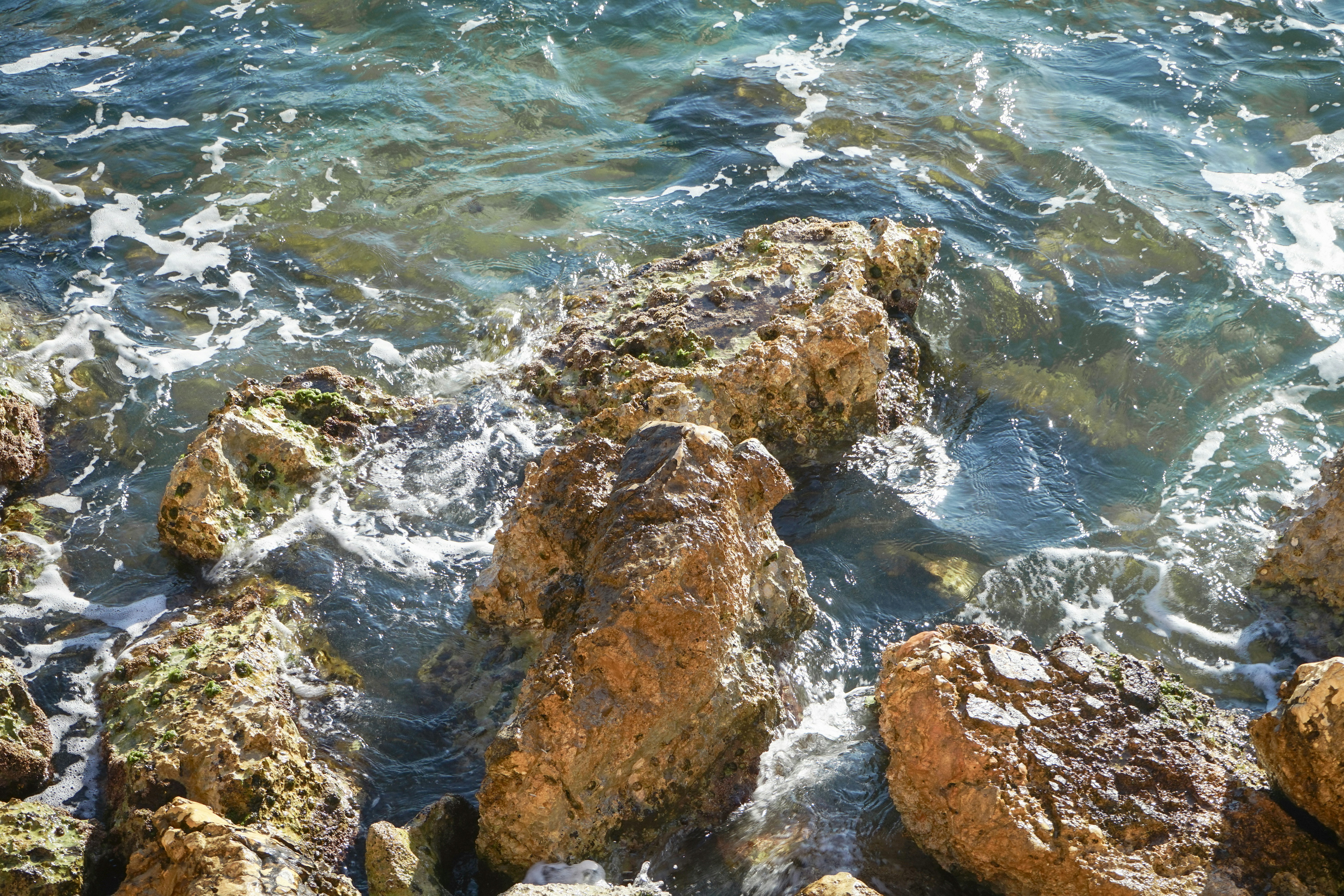 Coastal rocks bathed in sunlight with turquoise water splashing between crevices; natural textures and color contrast dominate the scene.