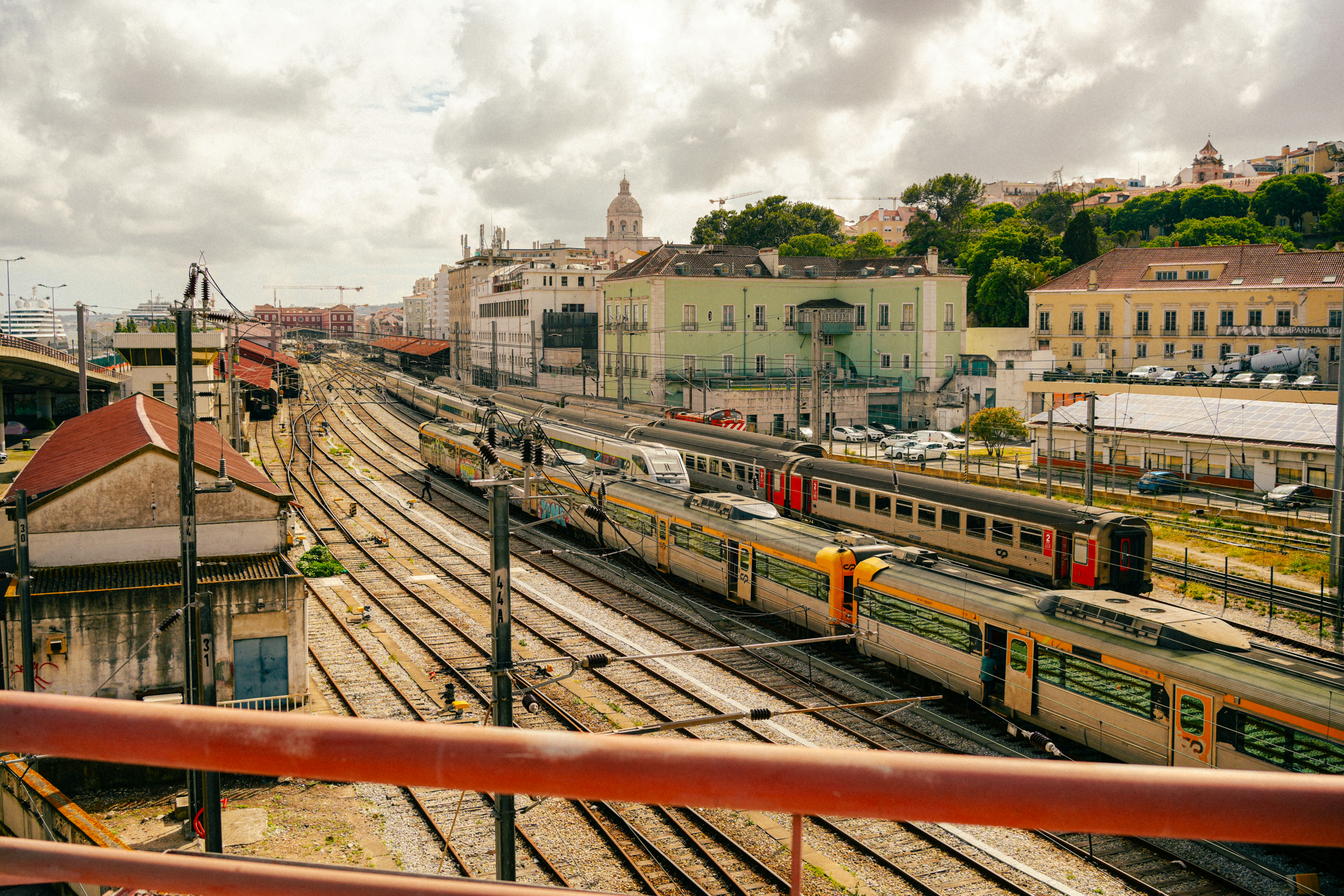 Tracks Through a Coastal City: Rails, Trains, and Rooftops