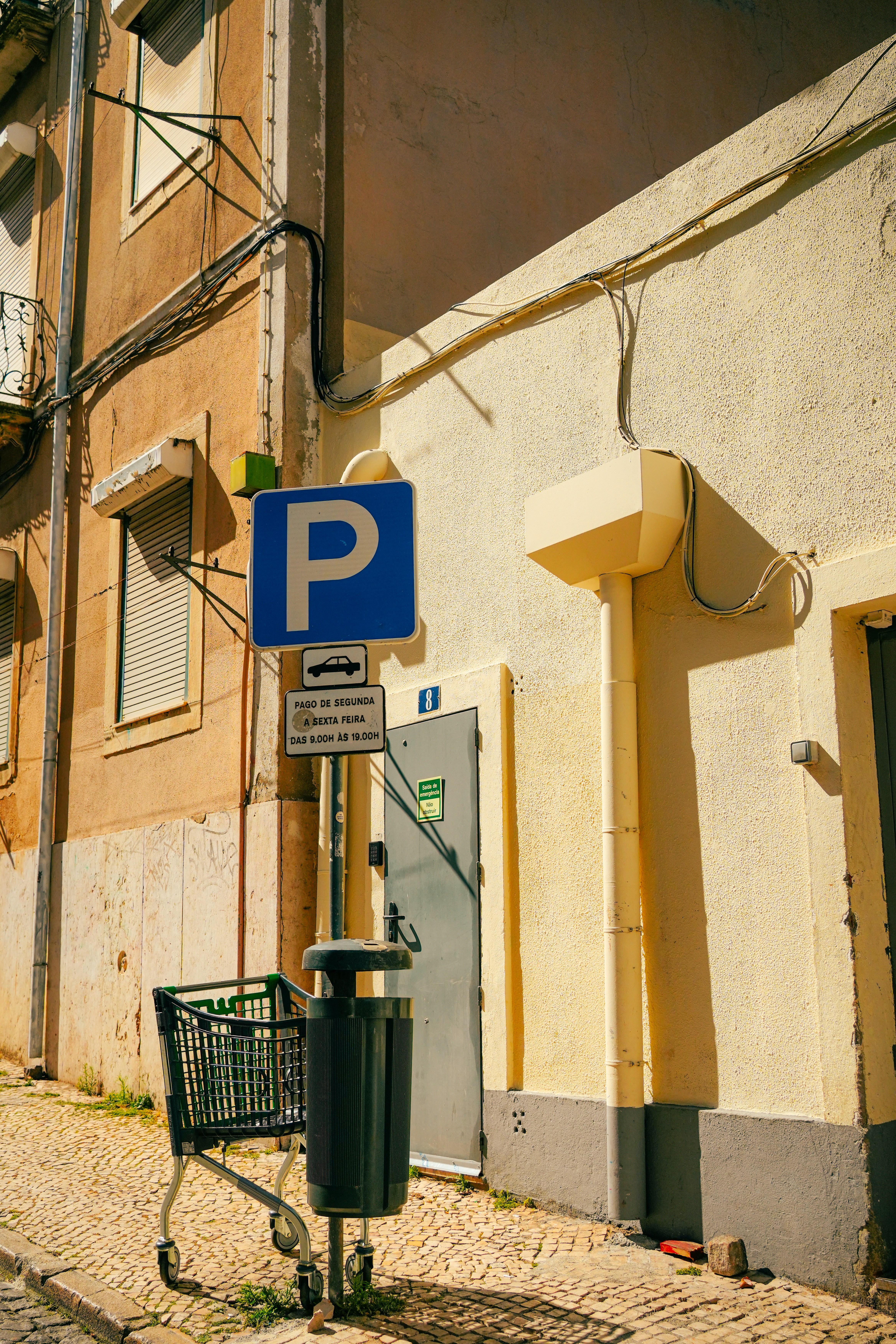 A Quiet Street Corner: Parking Sign and Shopping Cart by Sunlit Facade
