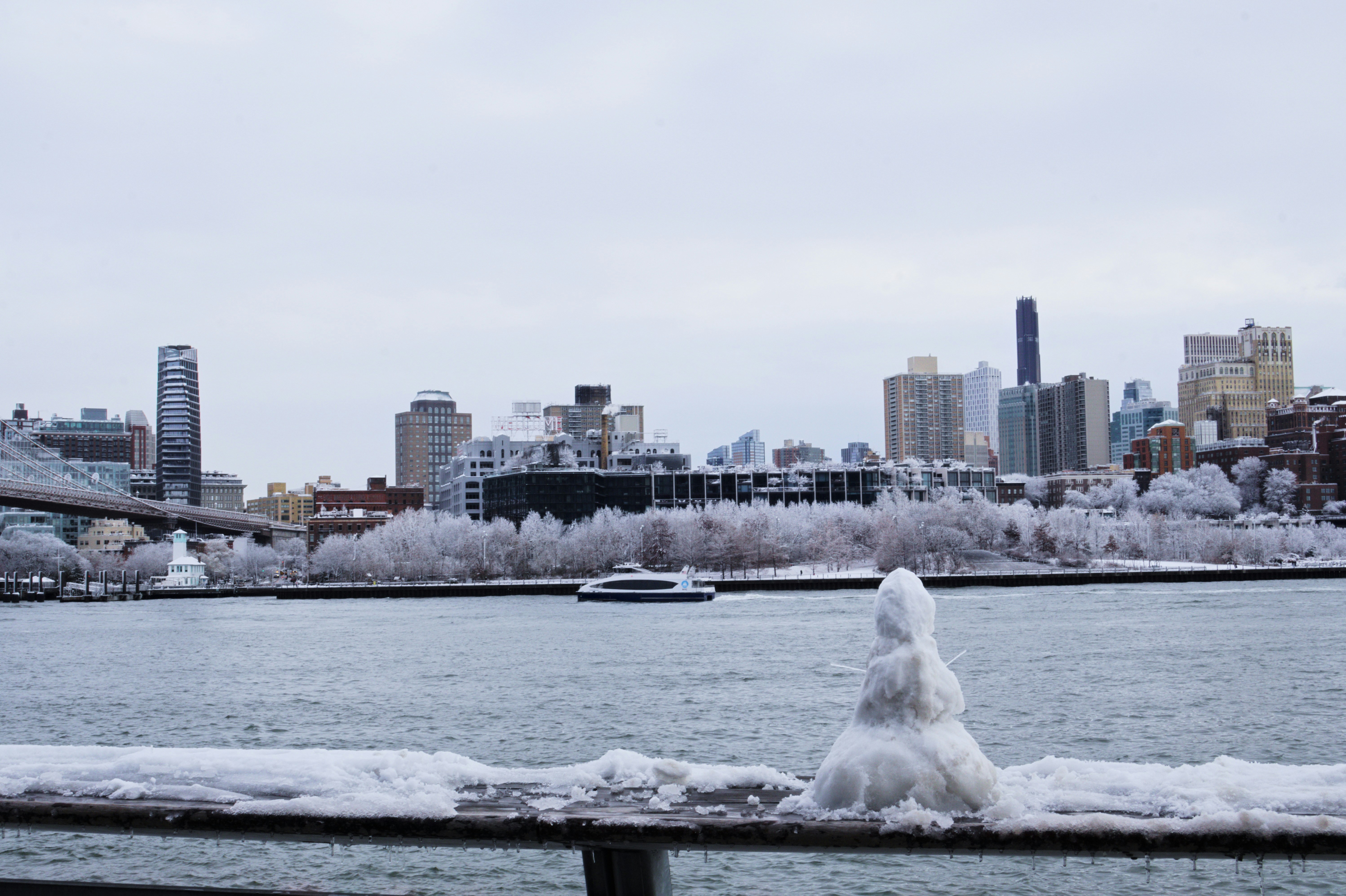 Snow on the Pier: Frosted silhouette with cityscape over the river