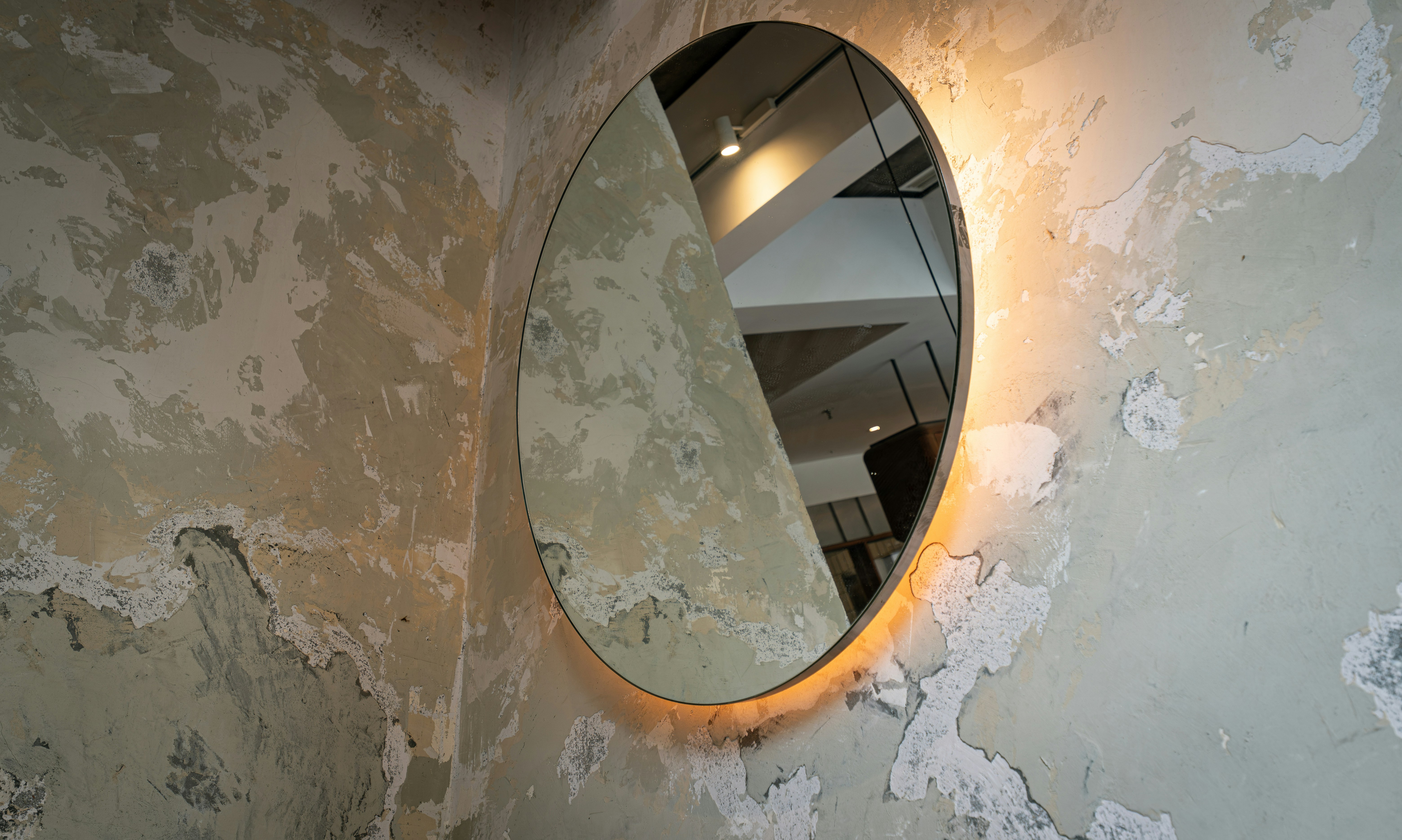Circular Mirror, Warm Halo, Industrial Wall