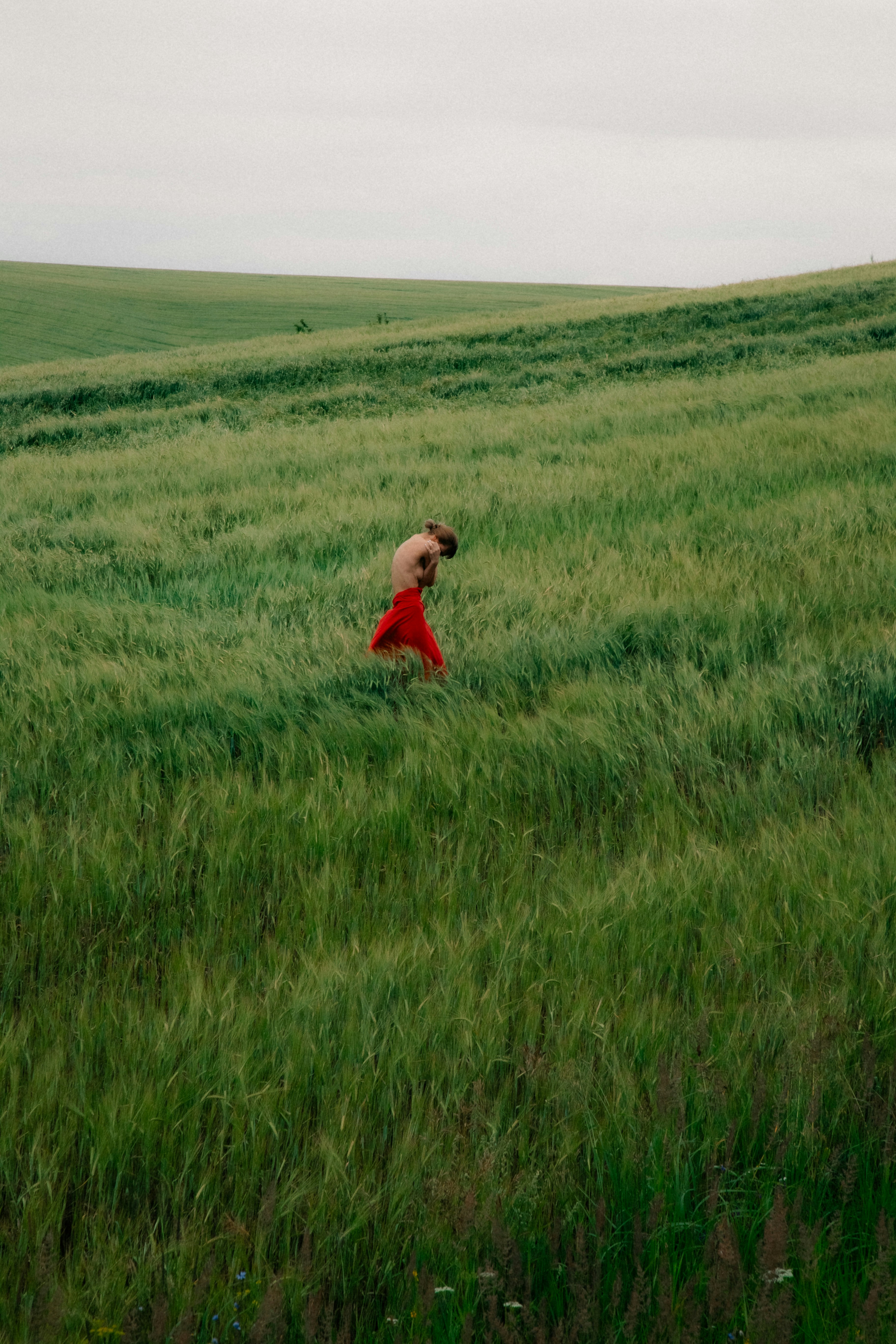 Athletic figure in a bright red skirt moves through tall green grass on rolling hills, creating a bold focal point amid a tranquil landscape.